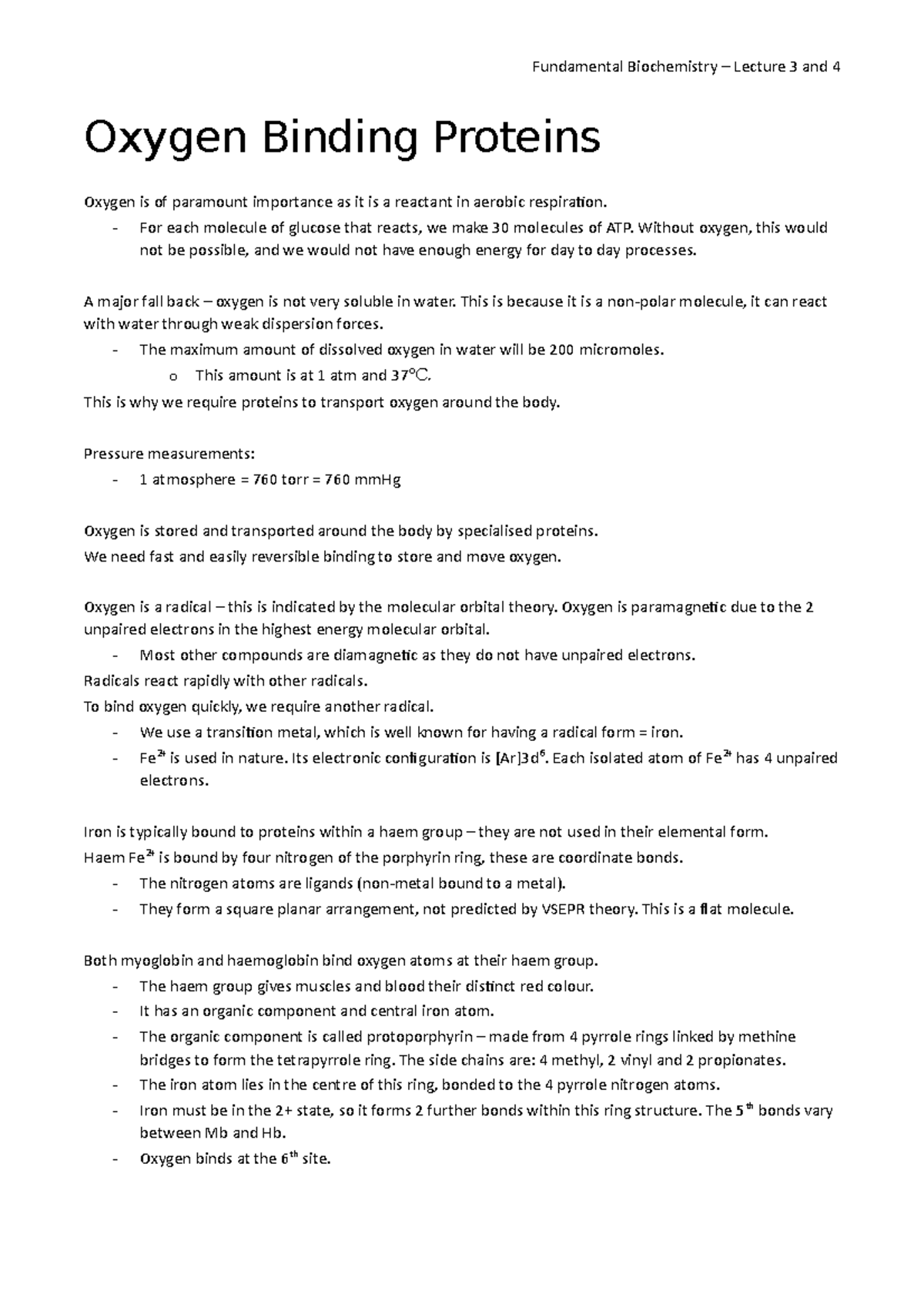 Lecture 3&4 - Oxygen Binding Protiens - Fundamental Biochemistry ...