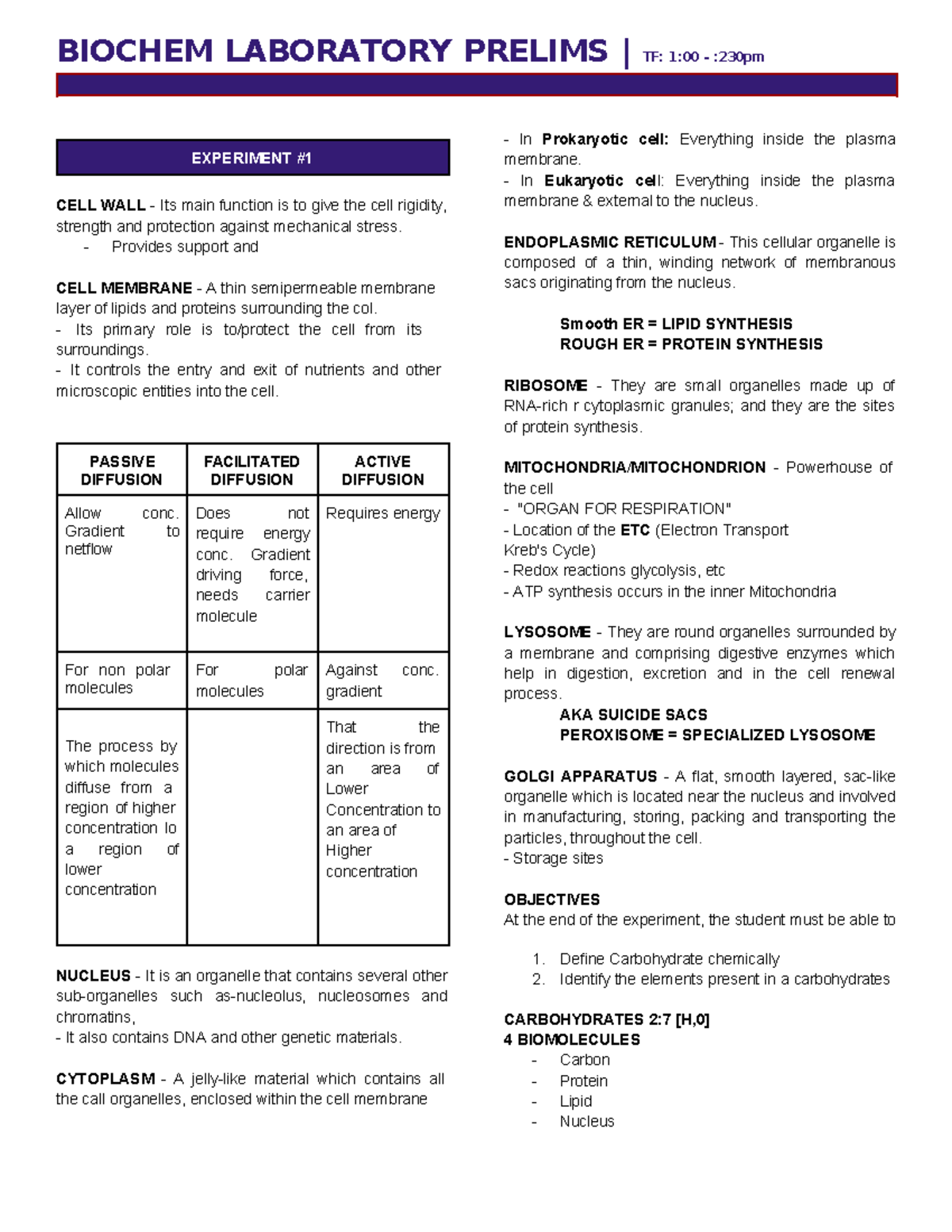 Biochem LAB Prelims Notes - BIOCHEM LABORATORY PRELIMS | TF: 1:00 ...