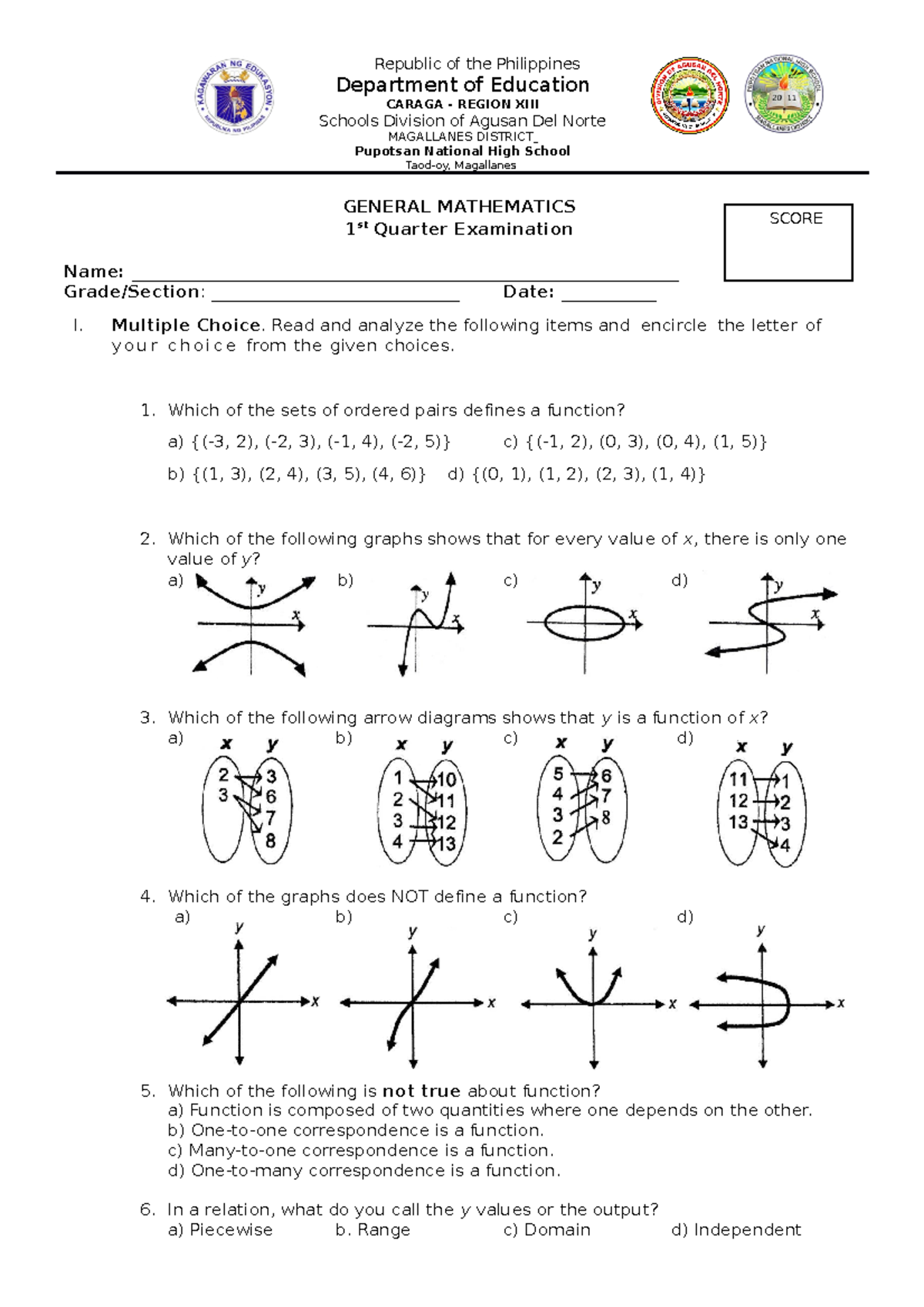 General Mathematics 1ST Quarter EXAM 2022 - Republic of the Philippines ...