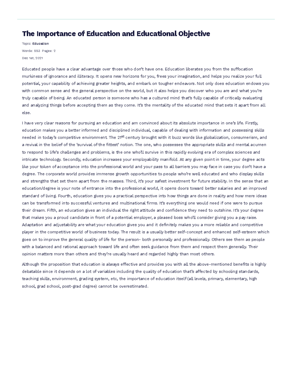 The Importance of Education and Educational Objective Free Essay ...