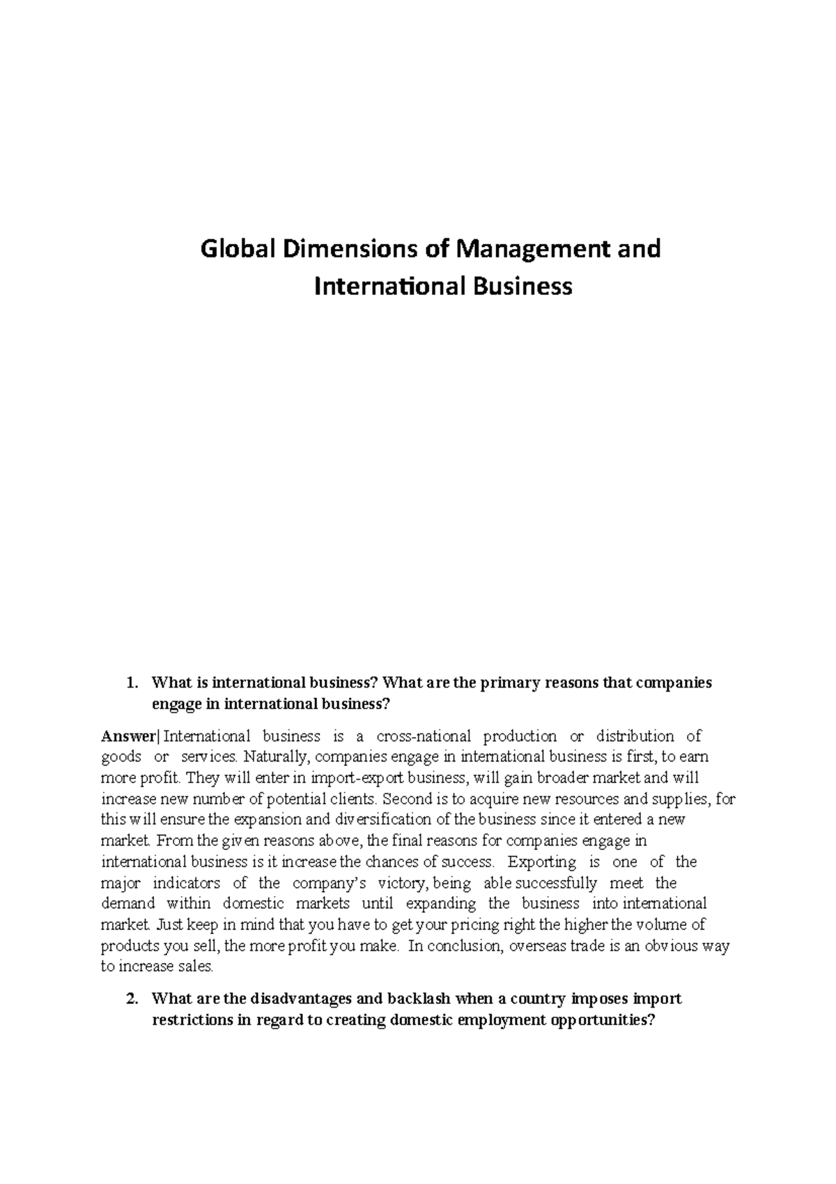 GDIB Assignment - Global Dimensions of Management and International ...
