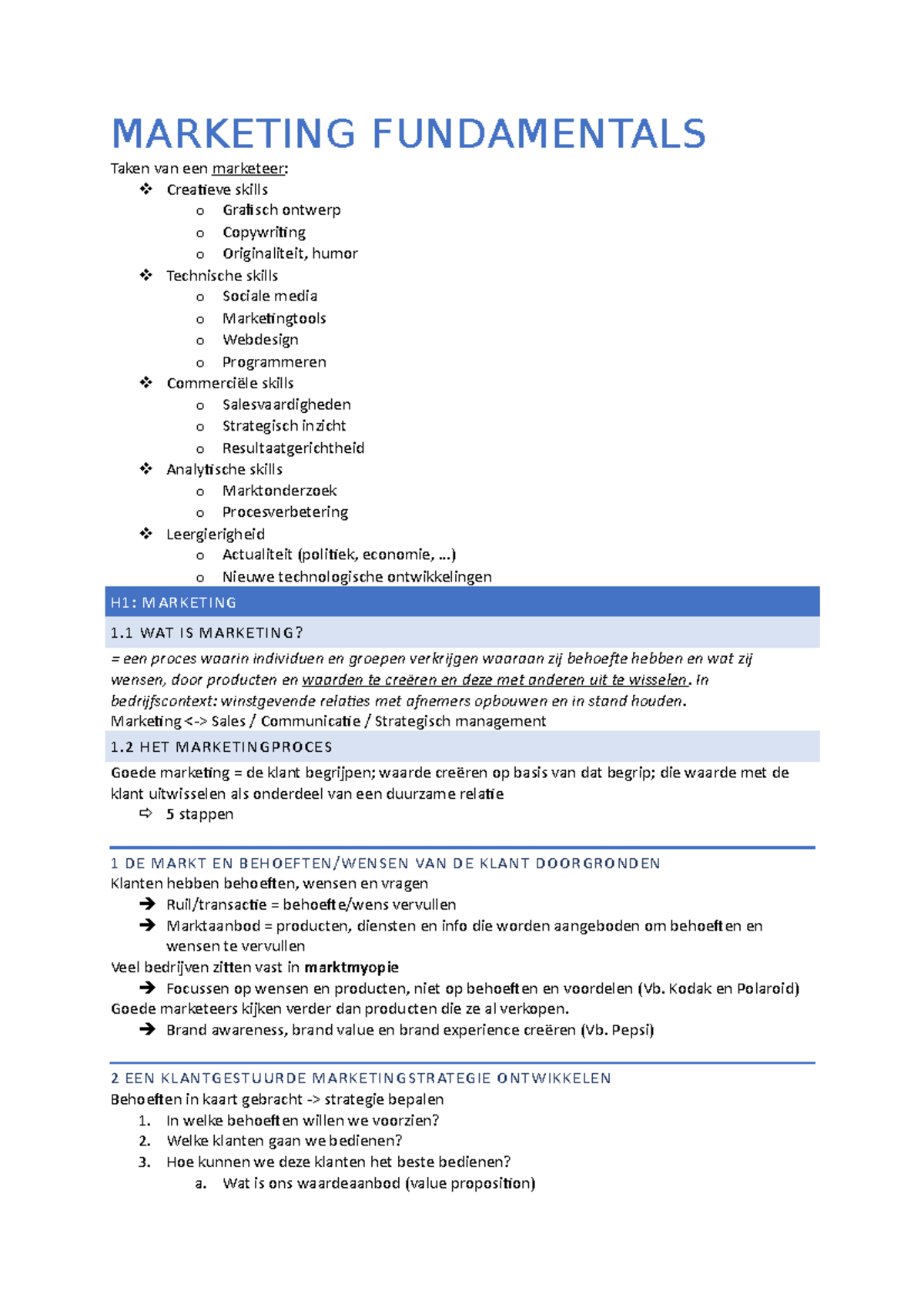 Samenvatting - MARKETING FUNDAMENTALS Taken van een marketeer ...