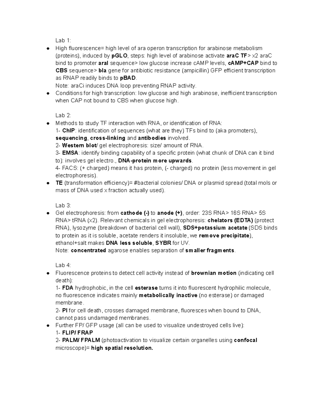 BIO230 Lab - Lab summary notes - Lab 1: High fluorescence= high level ...