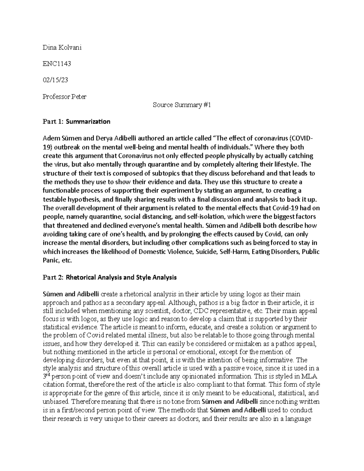 Source Summary 1 - Dina Kolvani ENC 02/15/ Professor Peter Source ...