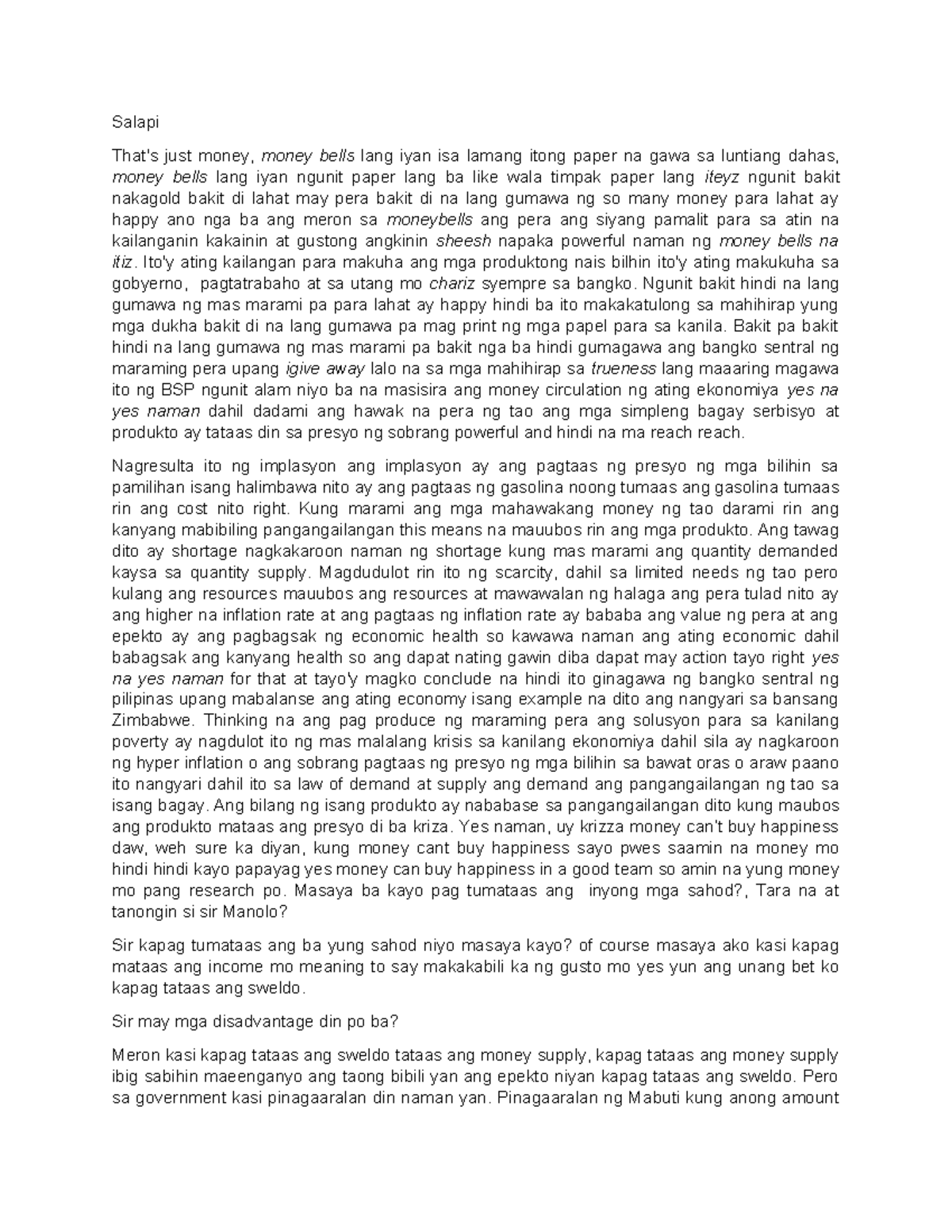 Salapi - notes field study grade 10 - Salapi That's just money, money ...