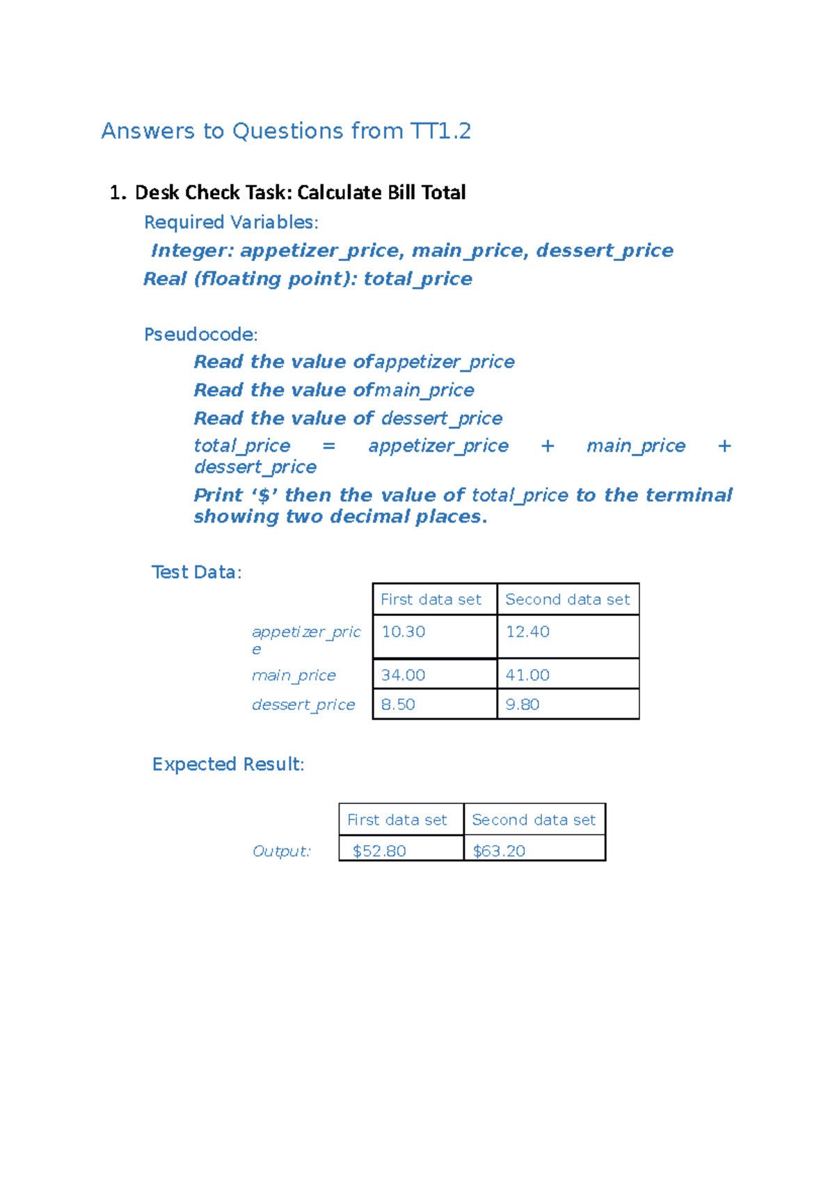 Tutorial Task 1 - Week 1 - Answers to Questions from TT1. 1. Desk Check ...