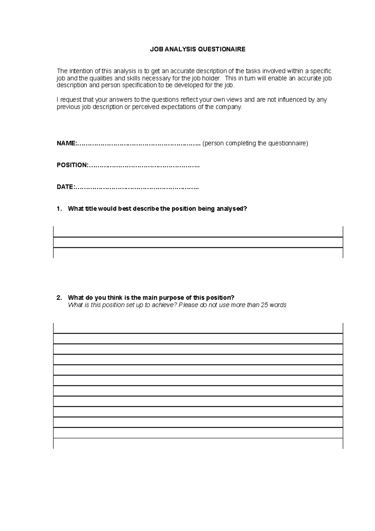 Jobanalysisquestionaire - JOB ANALYSIS QUESTIONAIRE The intention of ...