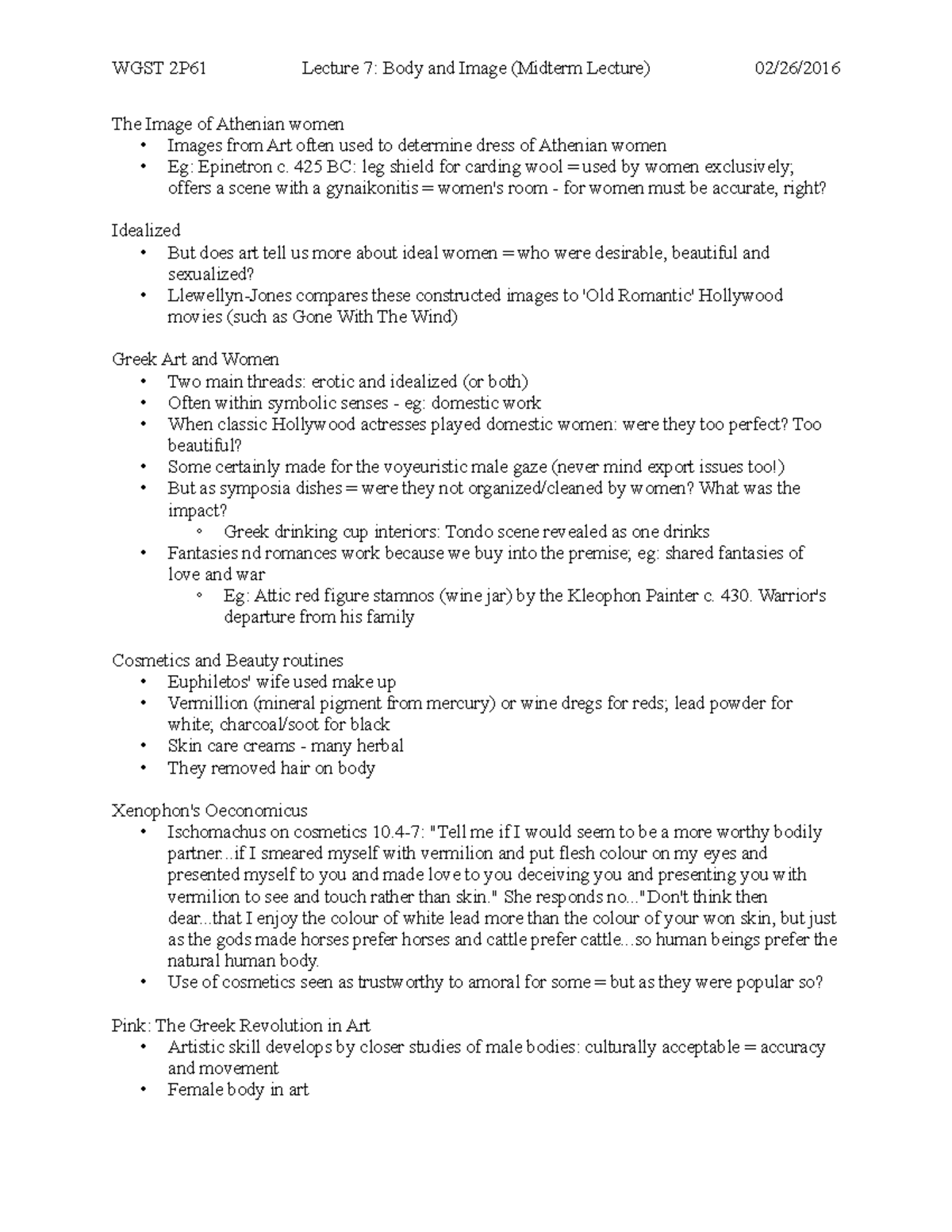 WGST 2P61 - Lecture 07 - 02:26:2016 - WGST 2P61 Lecture 7: Body and ...