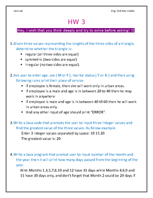 java practical 1 task 5 - Java Lab Eng.: Etaf Abu Hadda HW 5 Hey, I ...