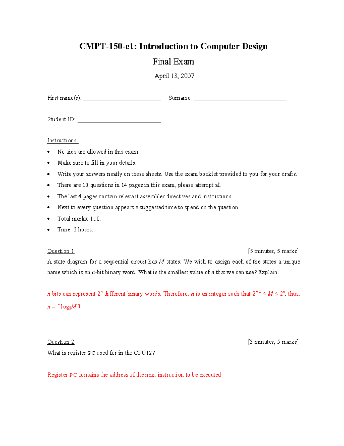 Exam 2007, questions and answers - CMPT-150-e1: Introduction to ...