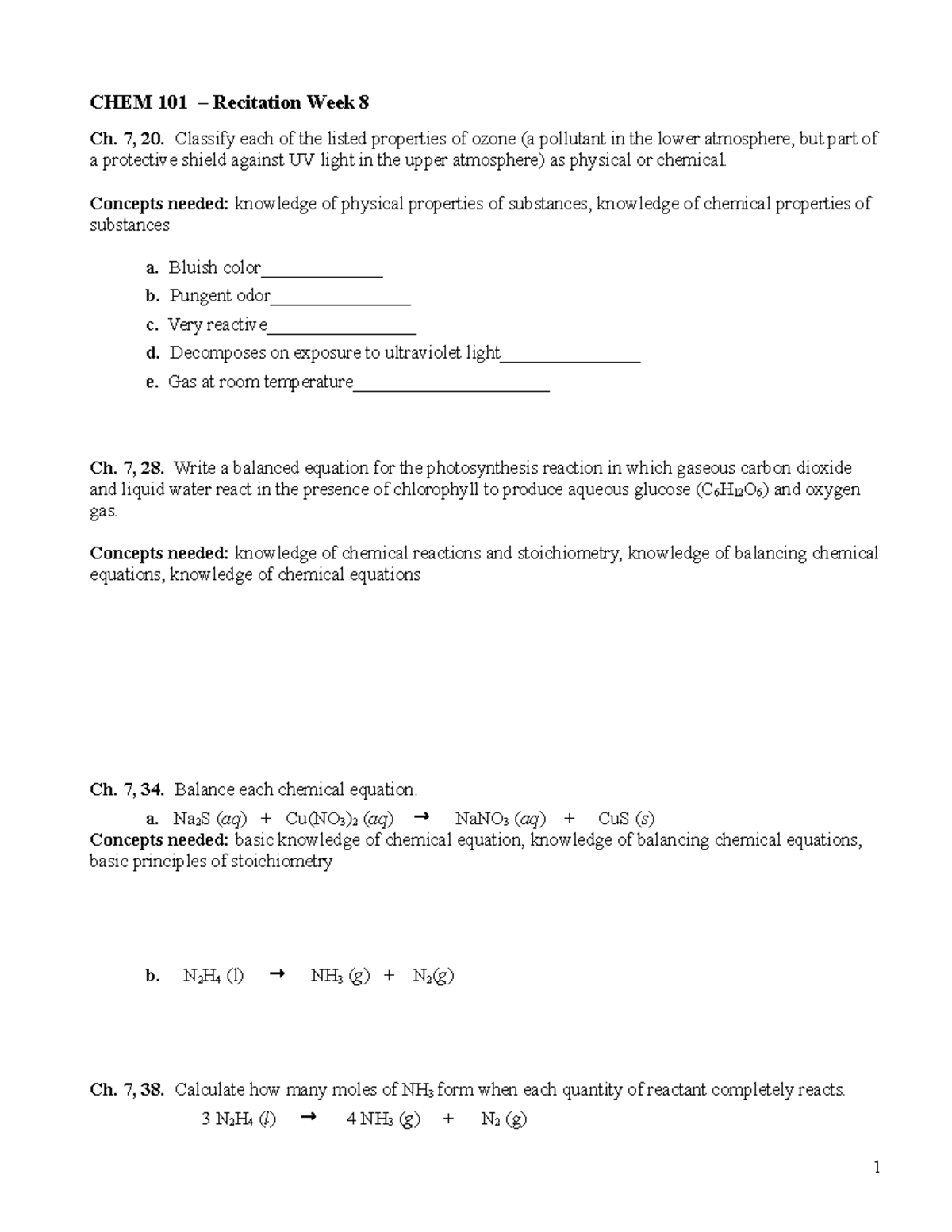 CHEM 101 Recitation Week 8 Answers - CHEM 101 – Recitation Week 8 Ch. 7 ...