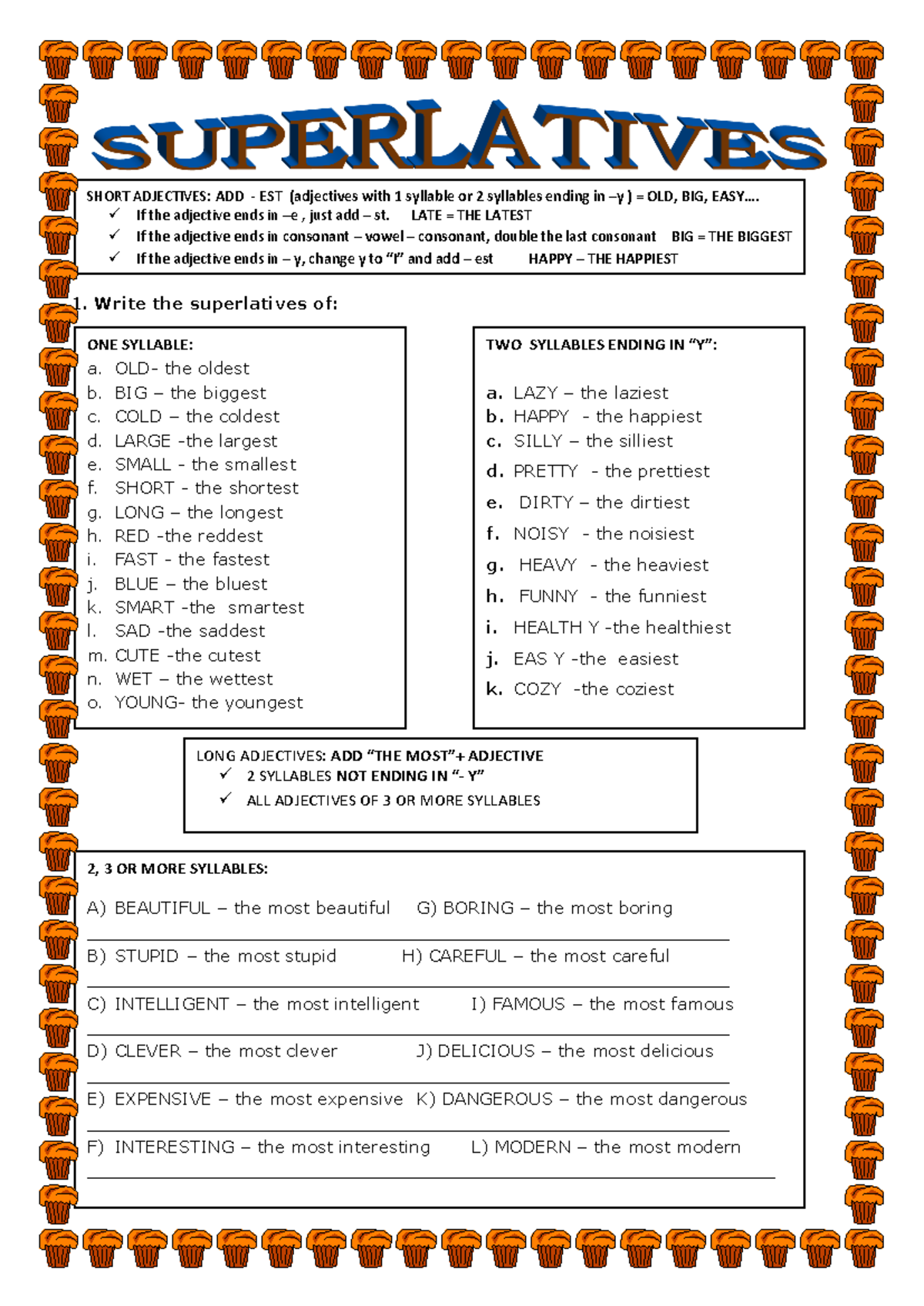 Superlatives-exercises - 1. Write the superlatives of: SHORT ADJECTIVES ...