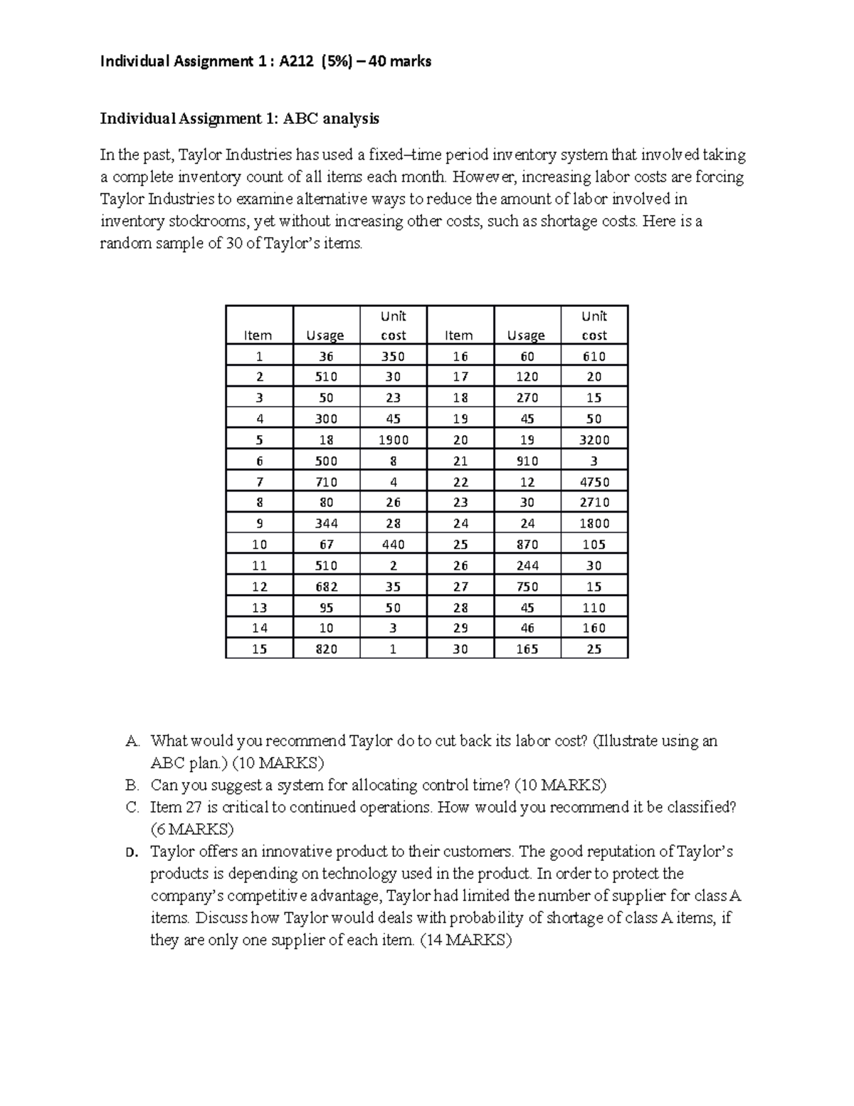 Individual Assignment 1-Case ABC analysis - Individual Assignment 1 ...