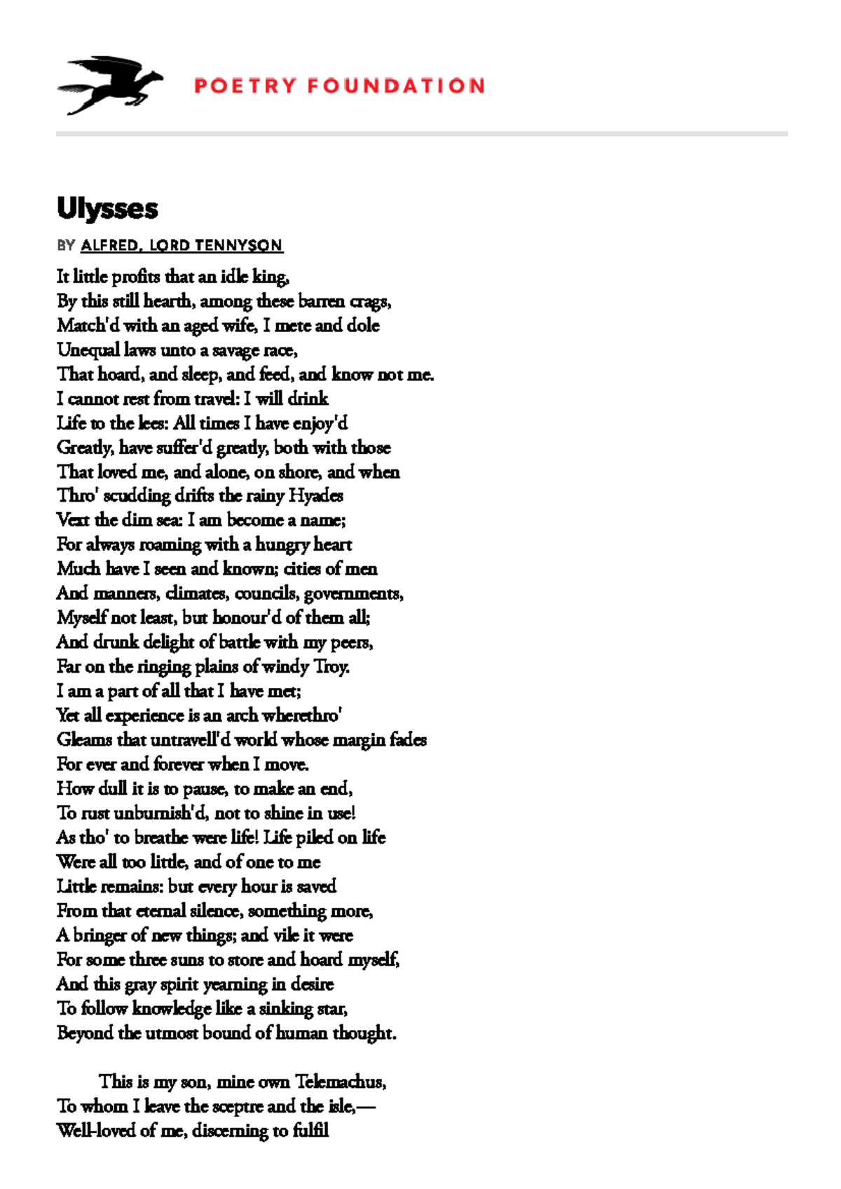Ulysses by Alfred, Lord Tennyson Poetry Foundation - Ulysses BY A L FRE ...