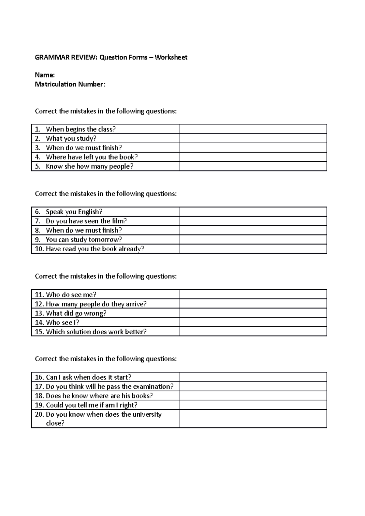Question Forms Worksheetesercizi per inglese - GRAMMAR REVIEW: Question ...
