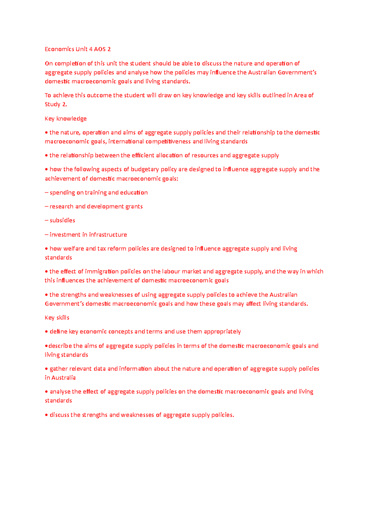 Unit 4 AOS2 Economics Aggregate Supply Policies 1 - Economics Unit 4 ...