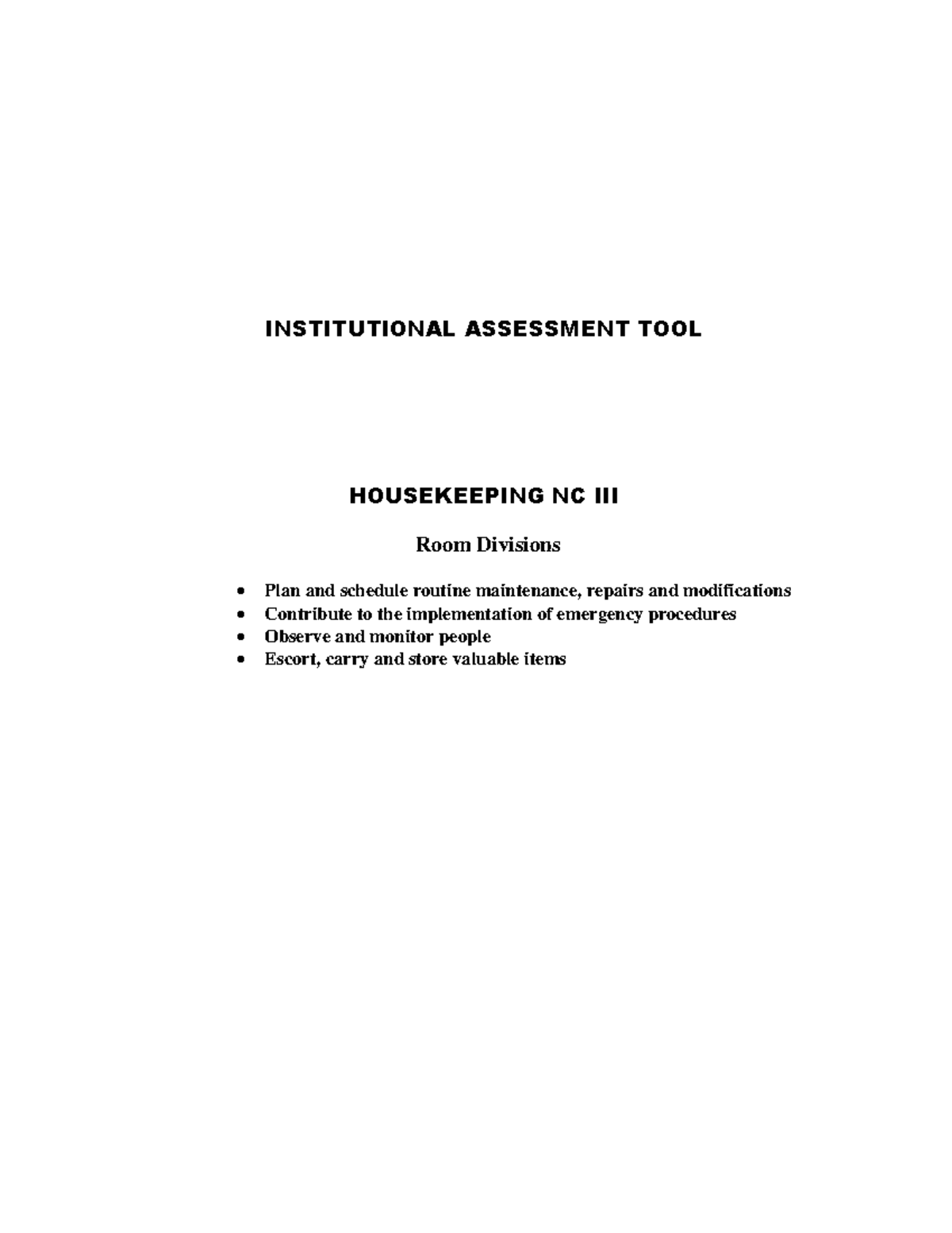 HSK-NC-III - Institutional Housekeeping - INSTITUTIONAL ASSESSMENT TOOL ...