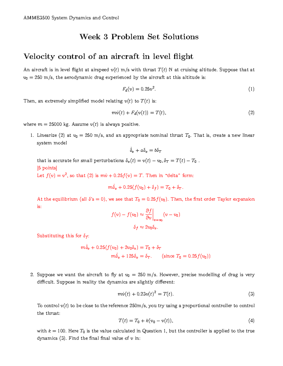 Pset3 solutions - week 3 - AMME3500 System Dynamics and Control Week 3 Problem Set Solutions ...
