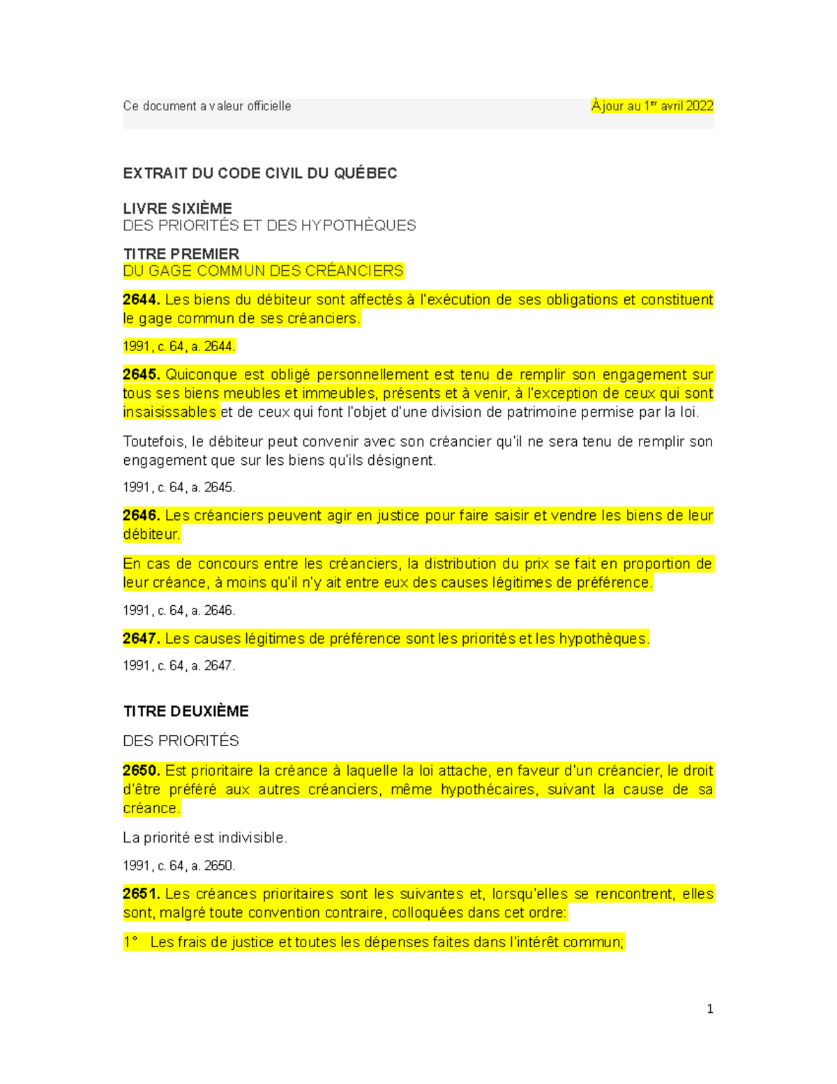 Code civil - Ce document a valeur officielle À jour au 1er avril 2022 ...