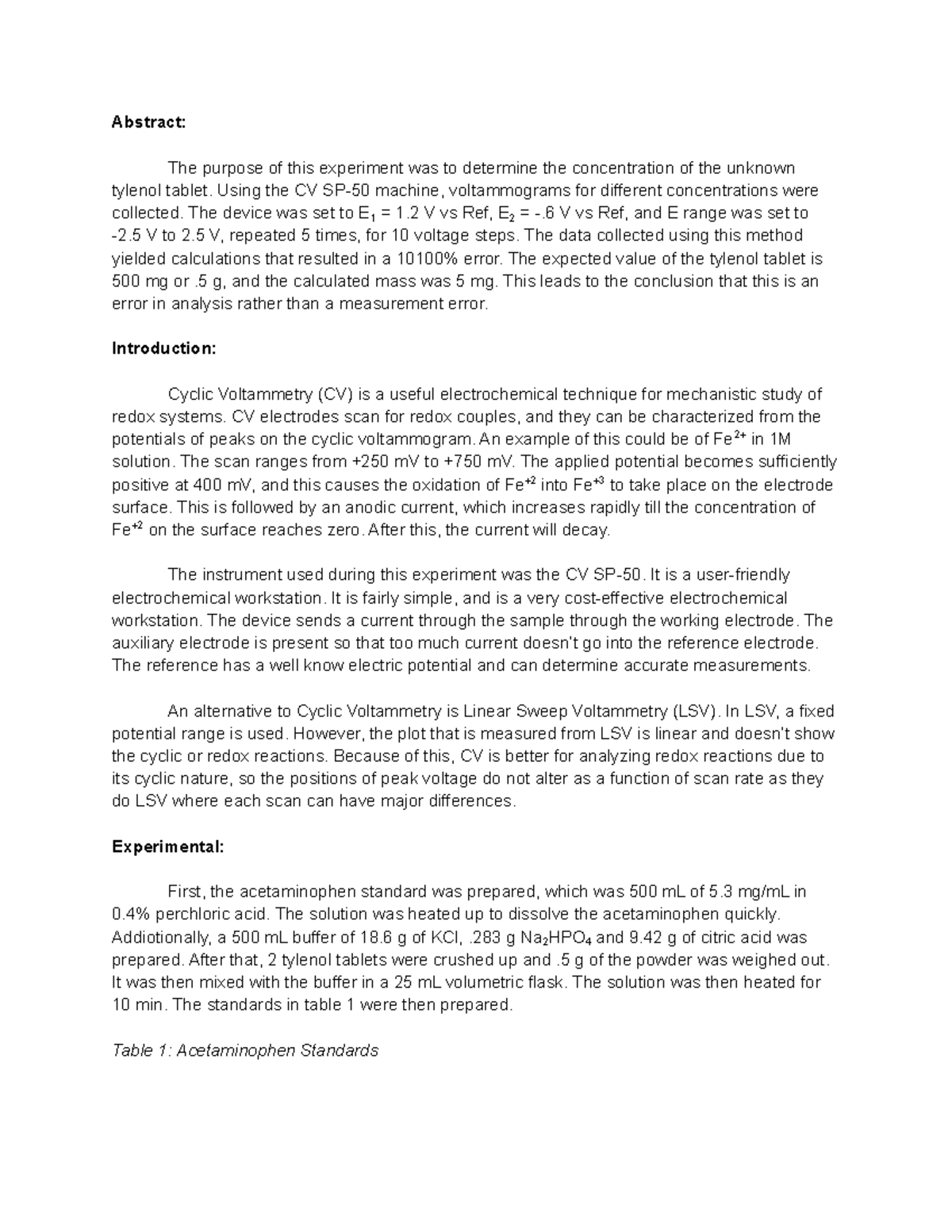 Chem 421 CV Lab Report - Abstract: The purpose of this experiment was ...