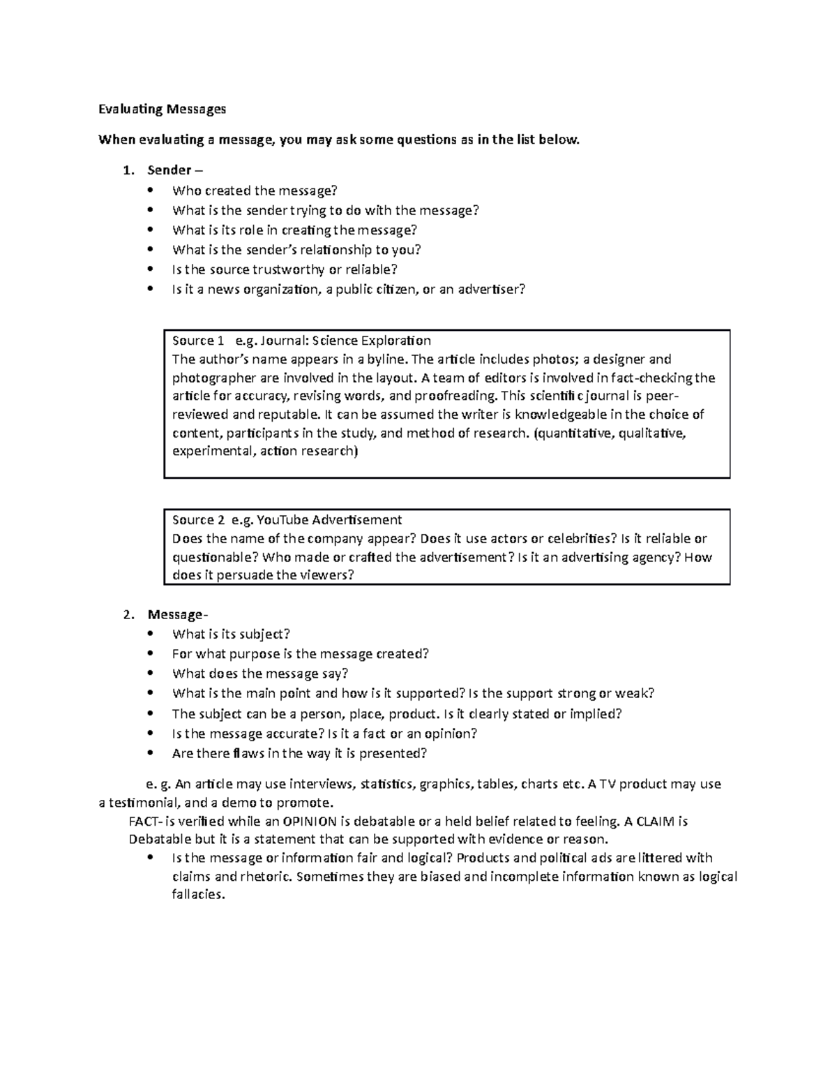 Evaluating Messages - Evaluating Messages When evaluating a message ...