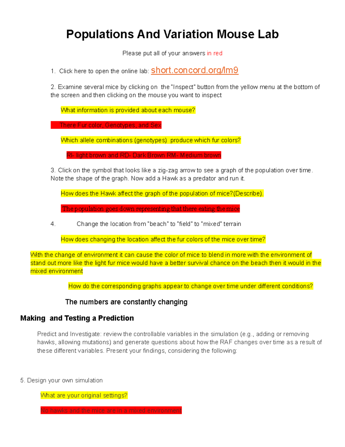 Copy of Populations And Variation Lab - Populations And Variation Mouse ...