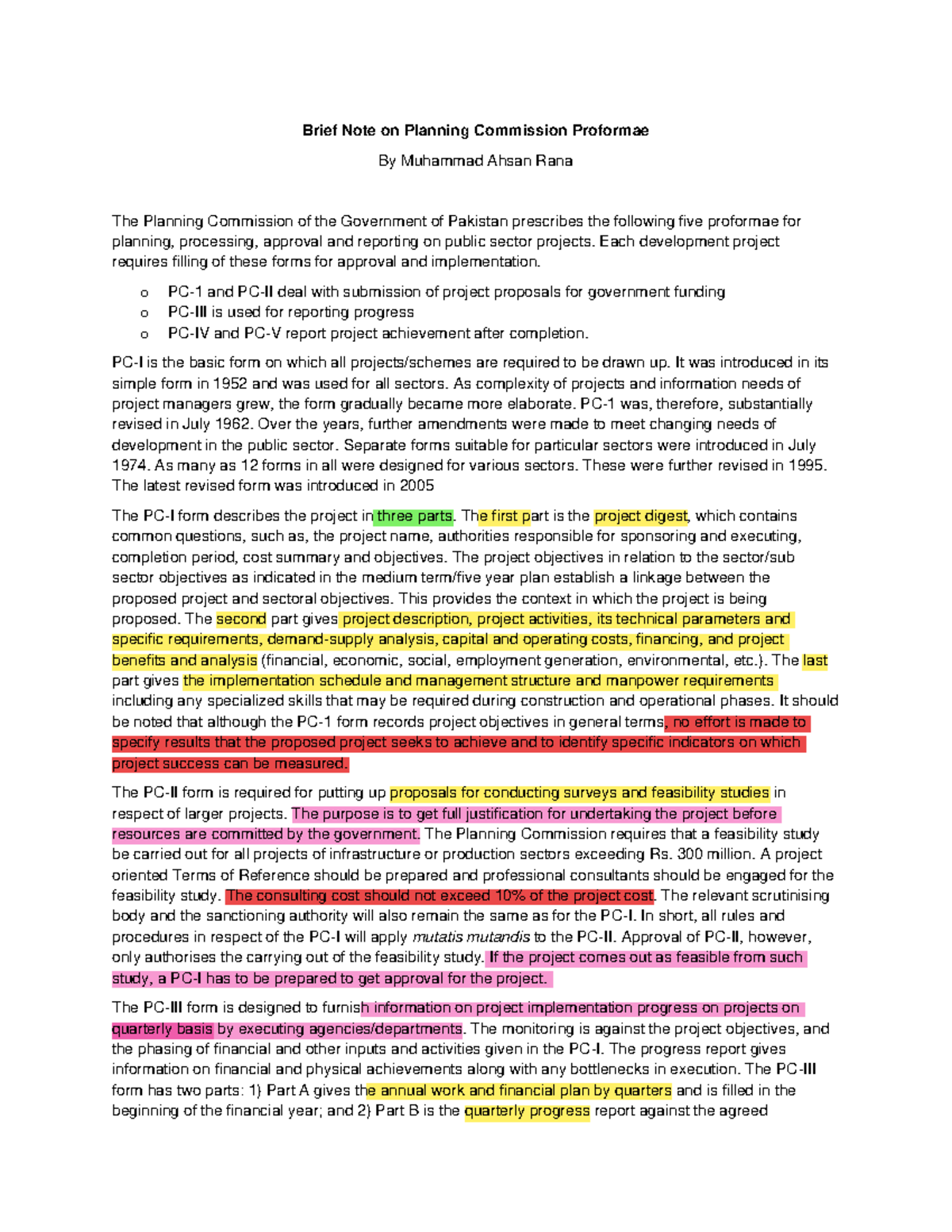 Note on Planning Commission Proforma - Each development project ...