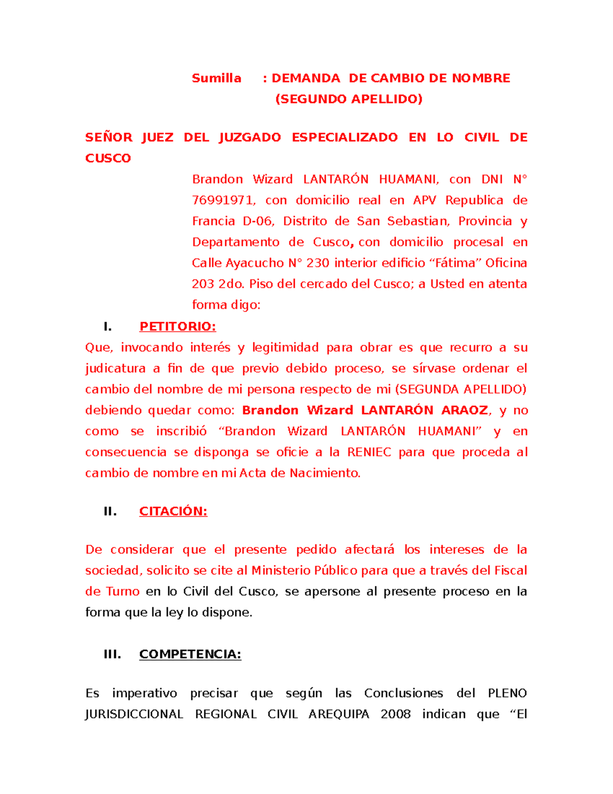 Modelo DE Demanda Judicial DE Cambio DE Nombre Brandon 2021 - Sumilla ...