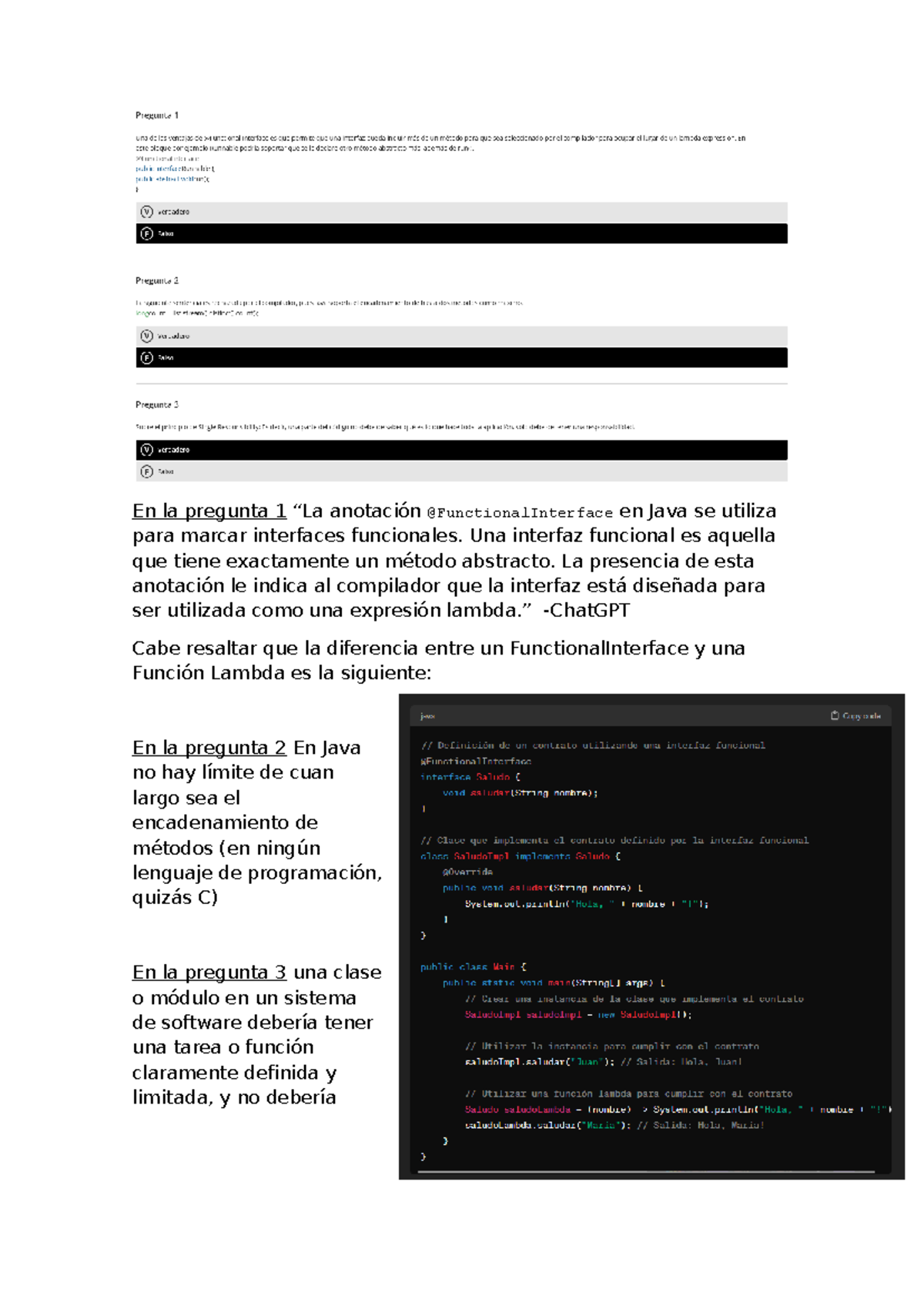 Respuestas de Autoevaluación 1 - En la pregunta 1 “La anotación @FunctionalInterface en Java se ...