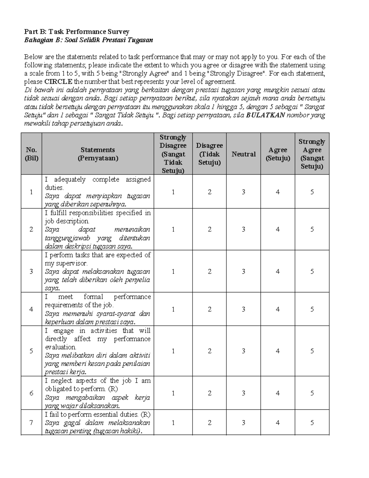 Questionnaires - Part B: Task Performance Survey Bahagian B: Soal ...