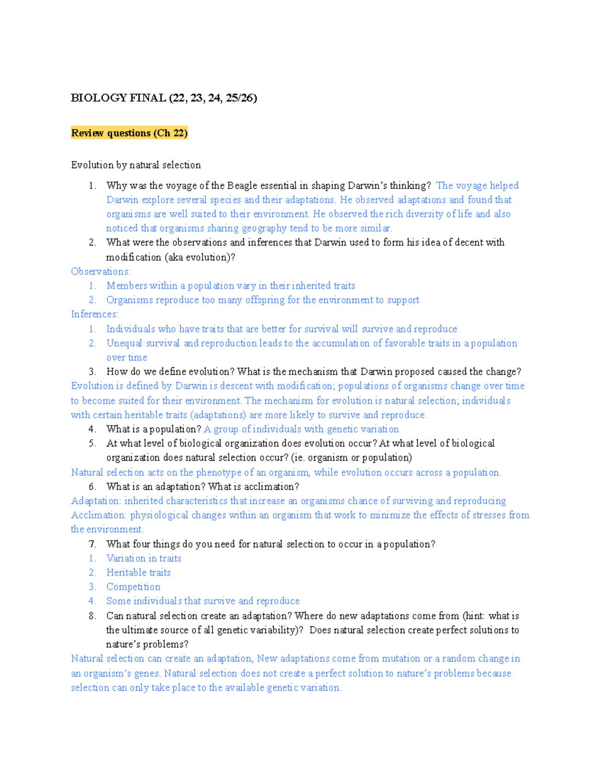 Bio 1110 Final Study Guide - BIOLOGY FINAL (22, 23, 24, 25/26) Review ...