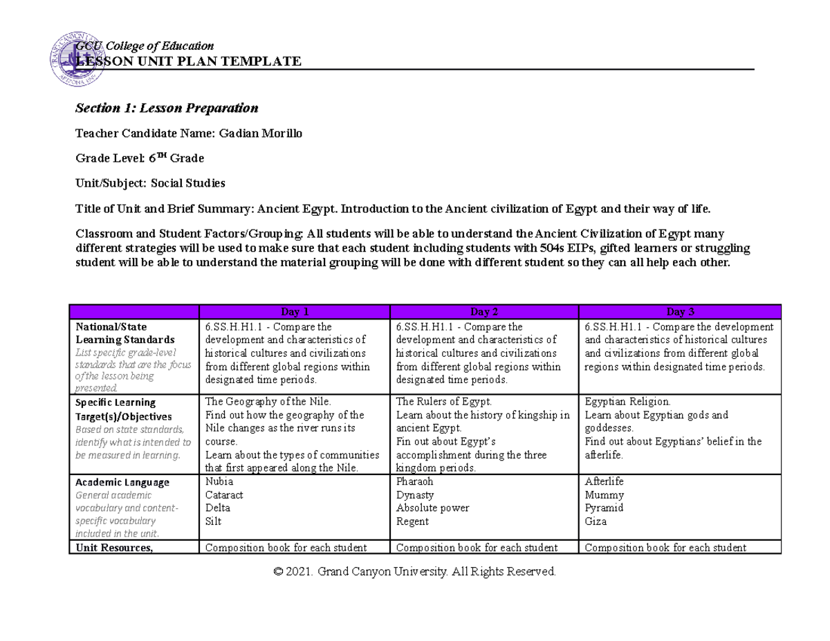 Unit Plan Template 3day - SEC-345 - GCU - Studocu