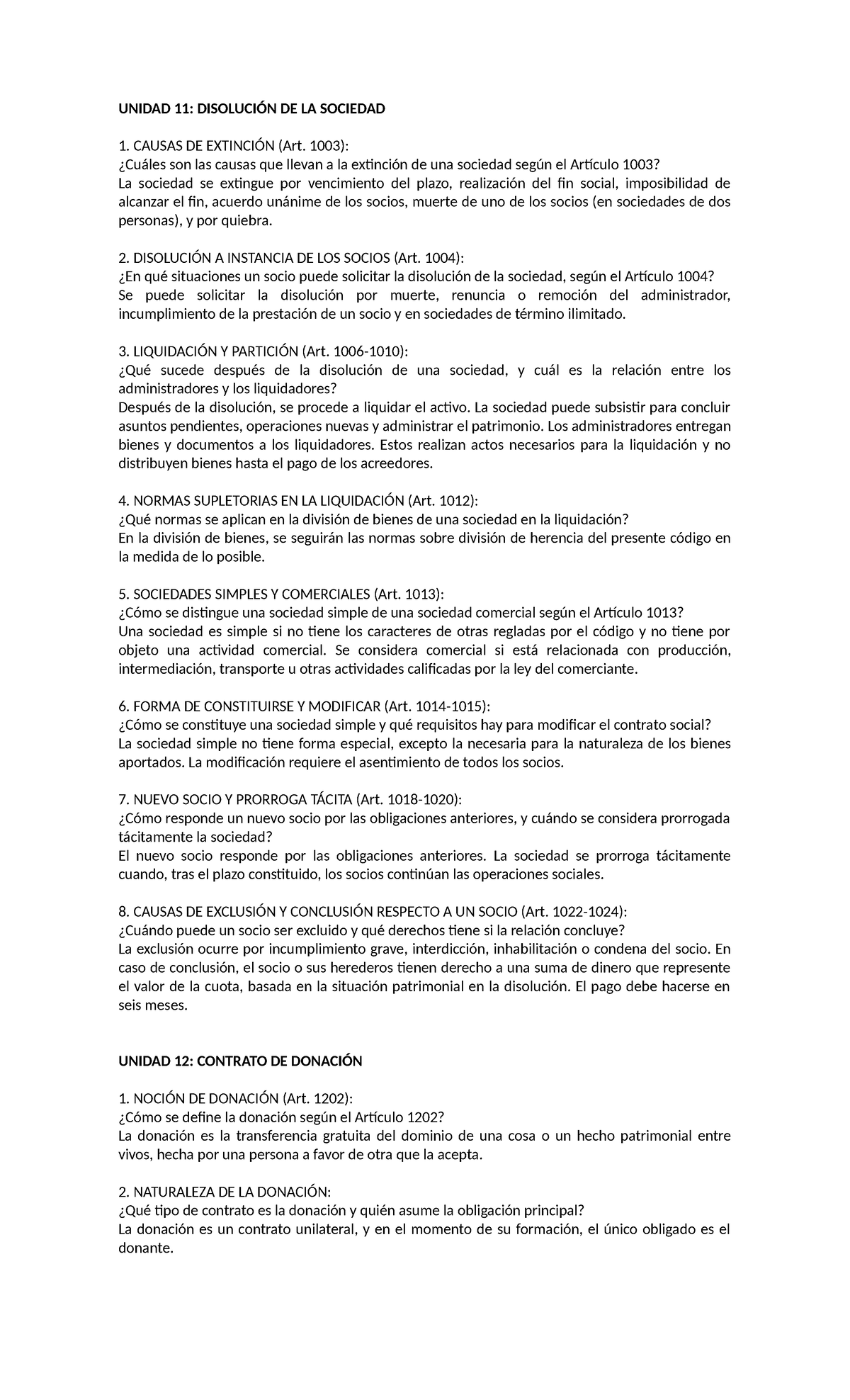 2 Parcial Preguntas y respuestas Contratos - UNIDAD 11: DISOLUCIÓN DE LA SOCIEDAD CAUSAS DE ...
