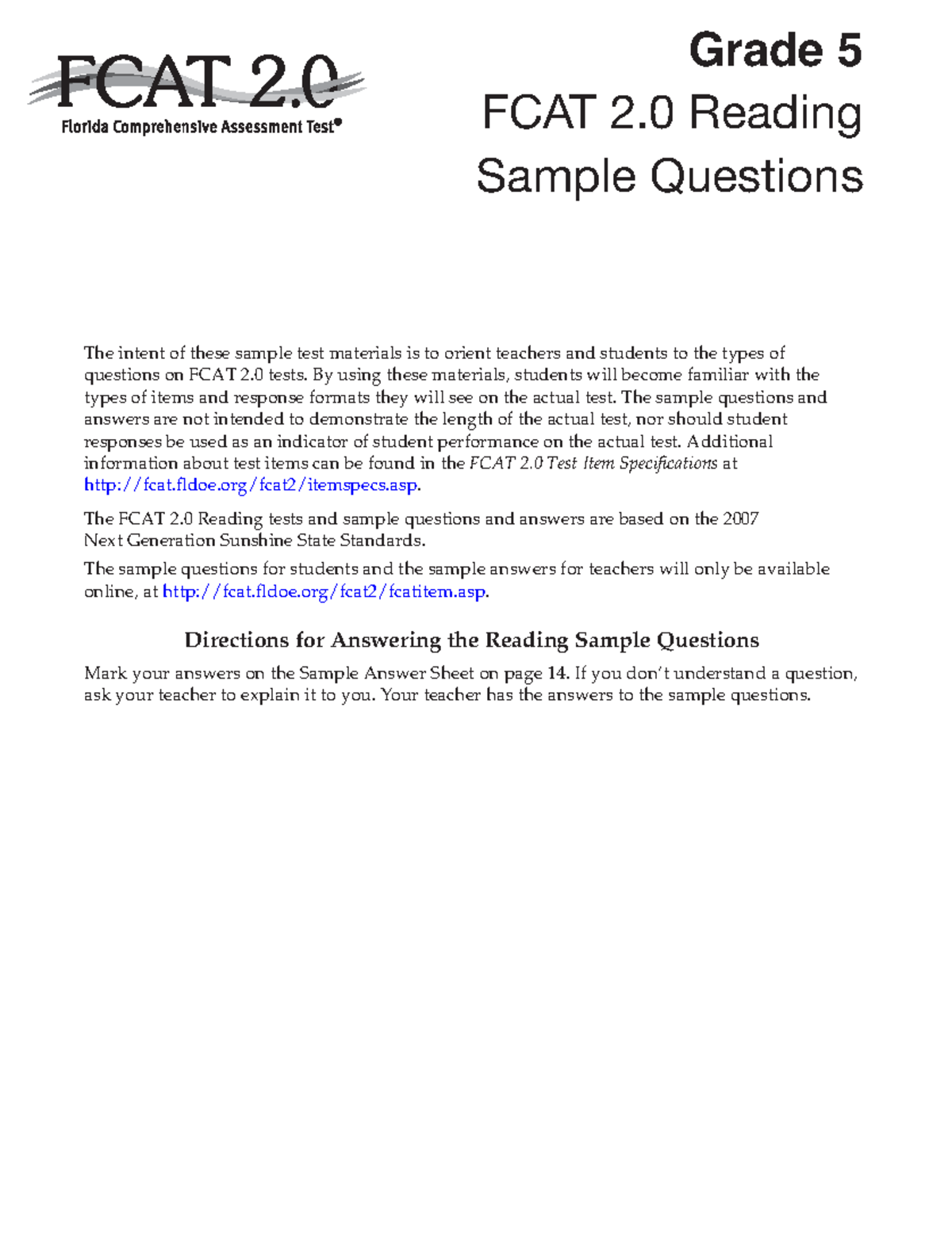 FCAT 2.0 Grade 5 Reading Sample Questions - Grade 5 FCAT 2 Reading ...