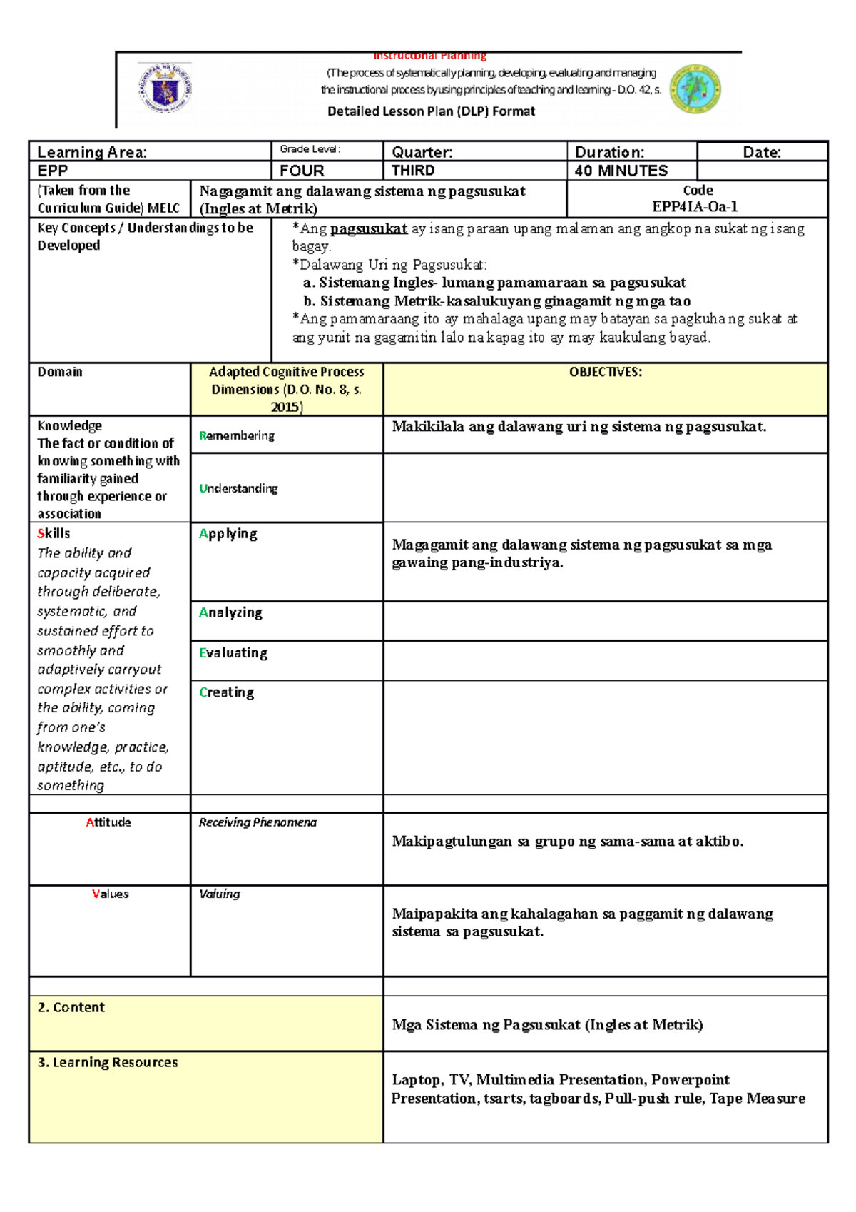 EPP 3rd Quarter CO 2023 - Sample CO DLP only - Learning Area: Grade Level: Quarter: Duration ...