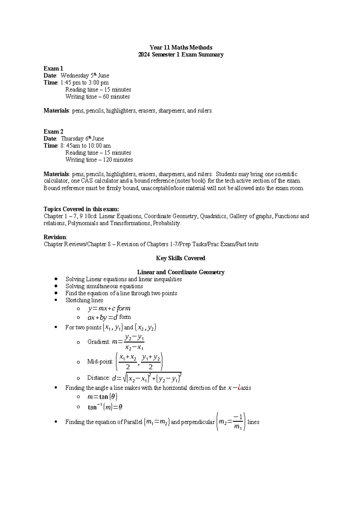 2024 Sem1 MM12 Summary - Year 11 Maths Methods 2024 Semester 1 Exam ...