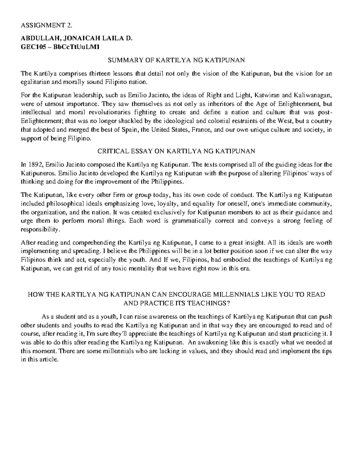 Assignment 2 - SUMMARY OF KARTILYA NG KATIPUNAN - ASSIGNMENT 2 ...