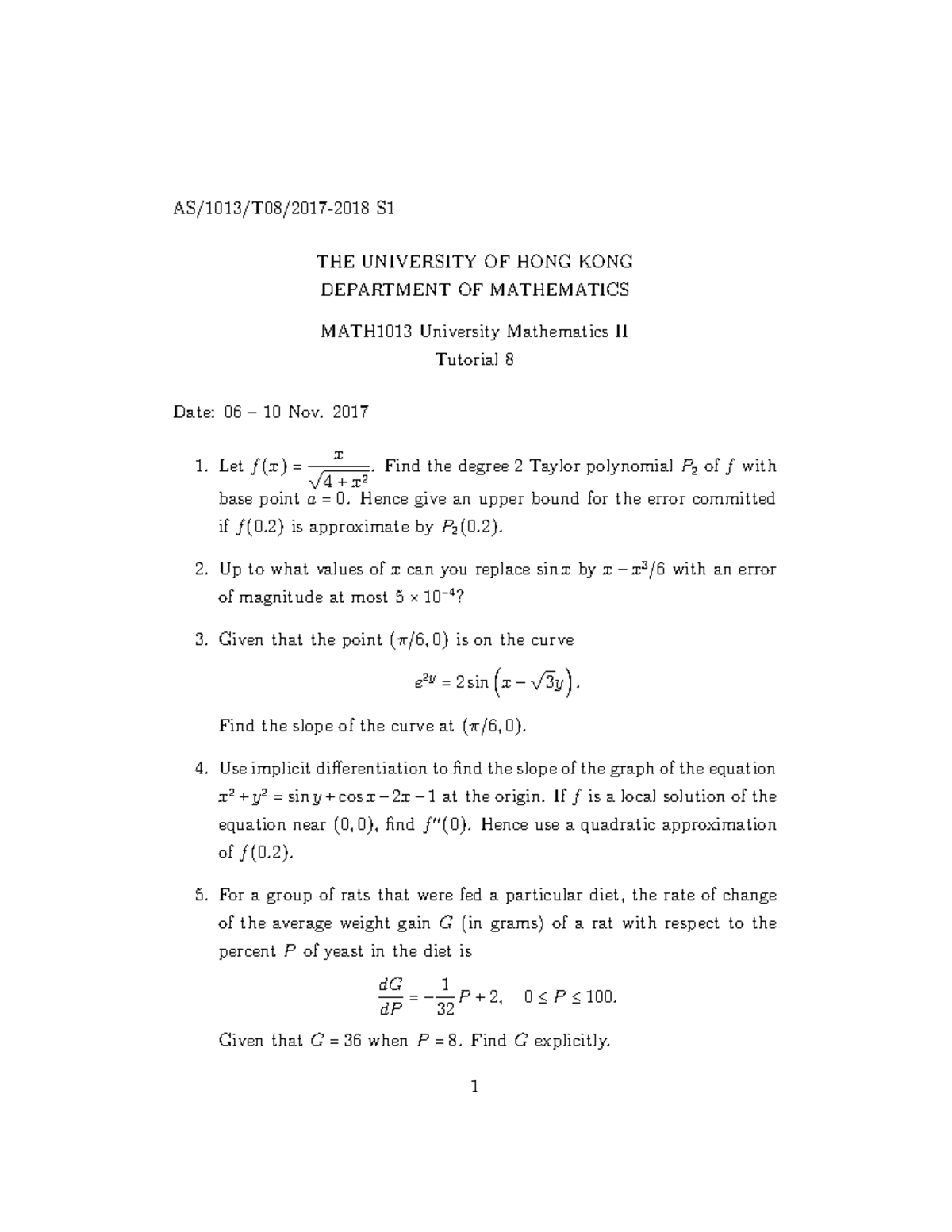 MATH1013 2017 Sem1 Tut08 - AS/1013/T08/2017-2018 S THE UNIVERSITY OF HONG KONG DEPARTMENT OF ...