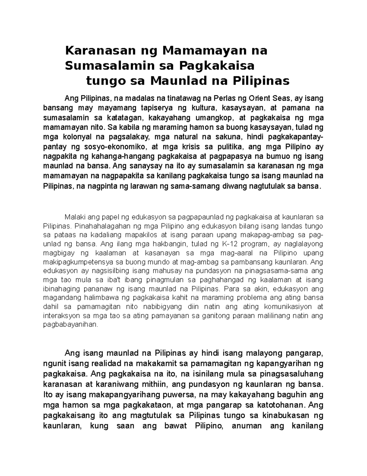 Karanasan ng Mamamayan na Sumasalamin sa Pagkakaisa tungo sa Maunlad na ...