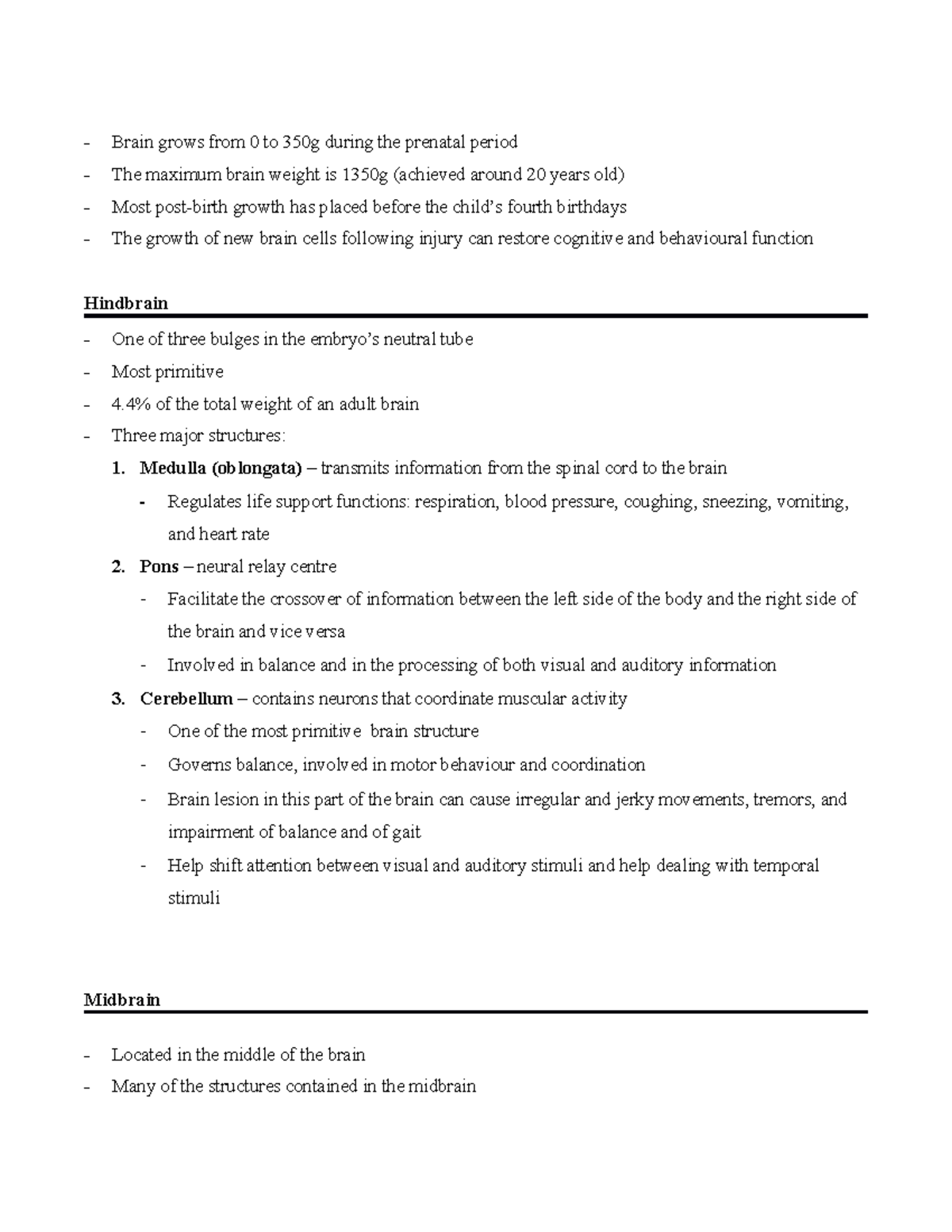 Module 2 Notes - PSYCH207 - Brain grows from 0 to 350g during the ...