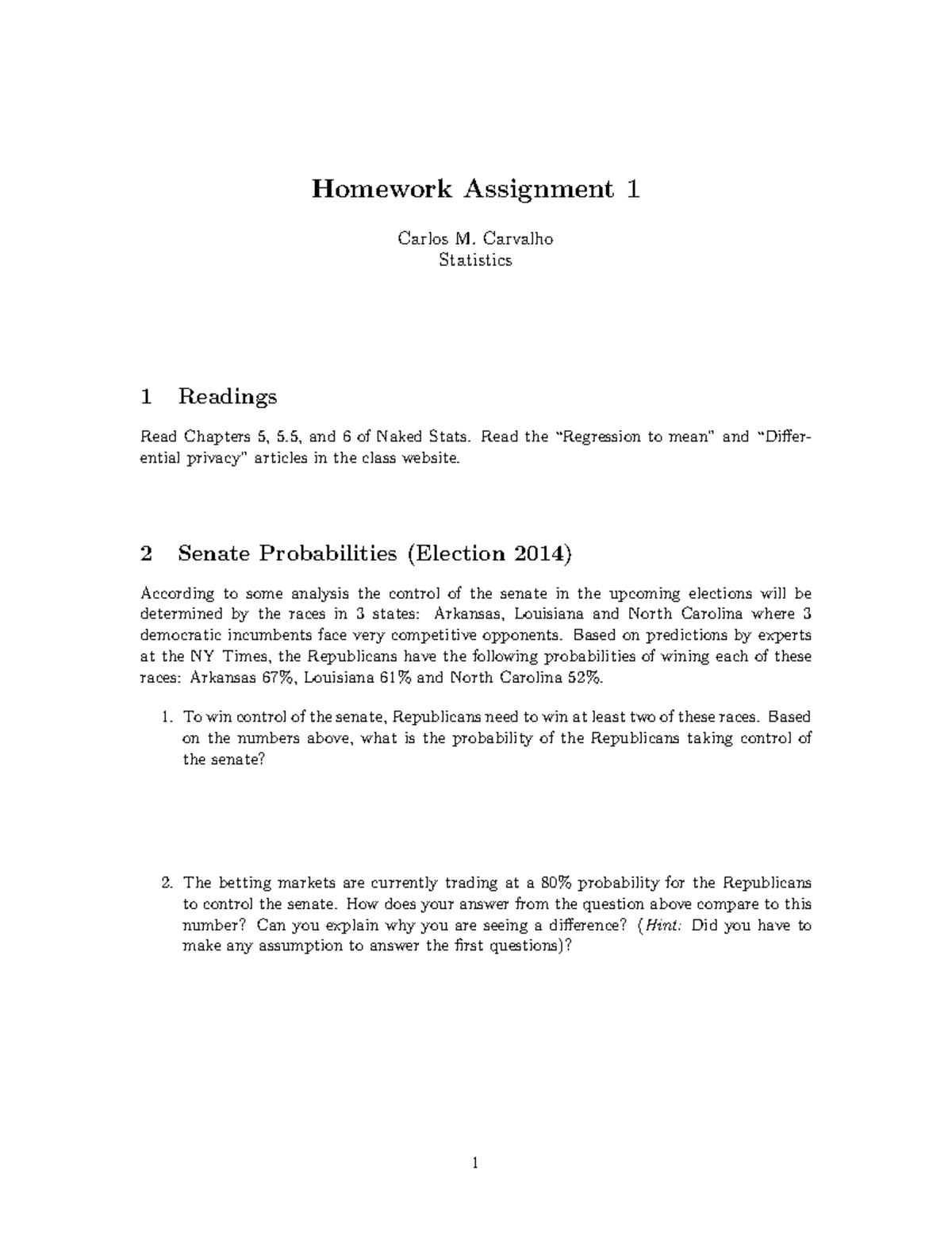 Hw1 Stats Statistics And Prob Theory Homework Assignment 1 Carlos M Carvalho Statistics 1
