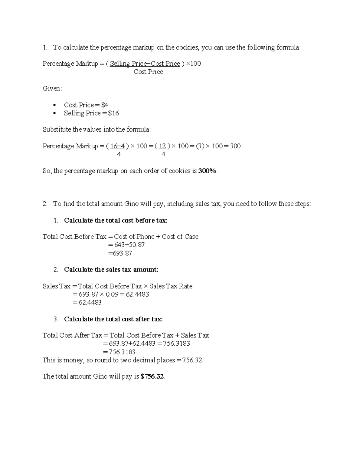Math Assignment 1 - To calculate the percentage markup on the cookies ...