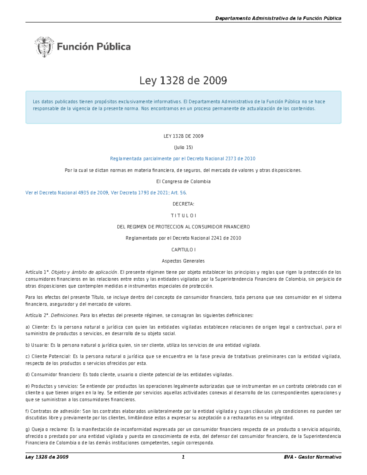 Ley 1328 de 2009 Gestor Normativo - Ley 1328 de 2009 Los datos ...