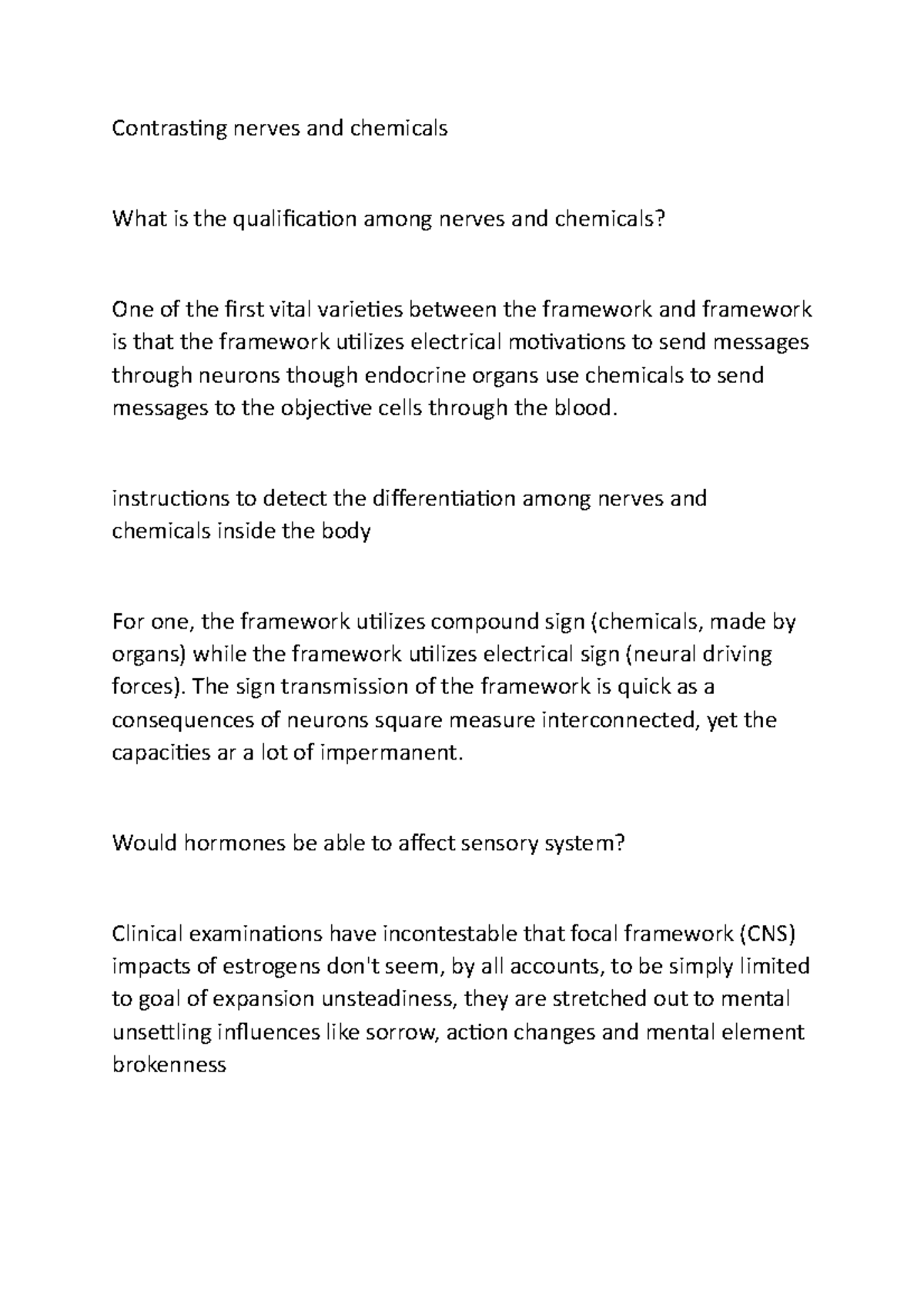Comparing nerves and hormones - Contrasting nerves and chemicals What ...
