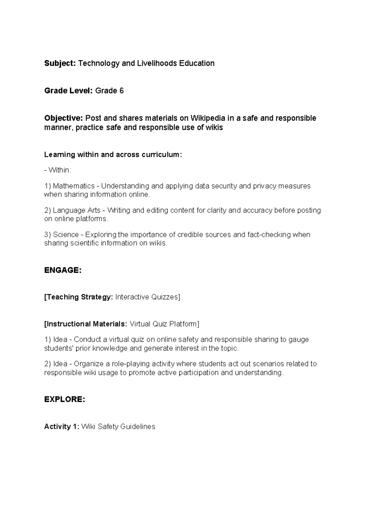 Lesson plan - Subject: Technology and Livelihoods Education Grade Level ...