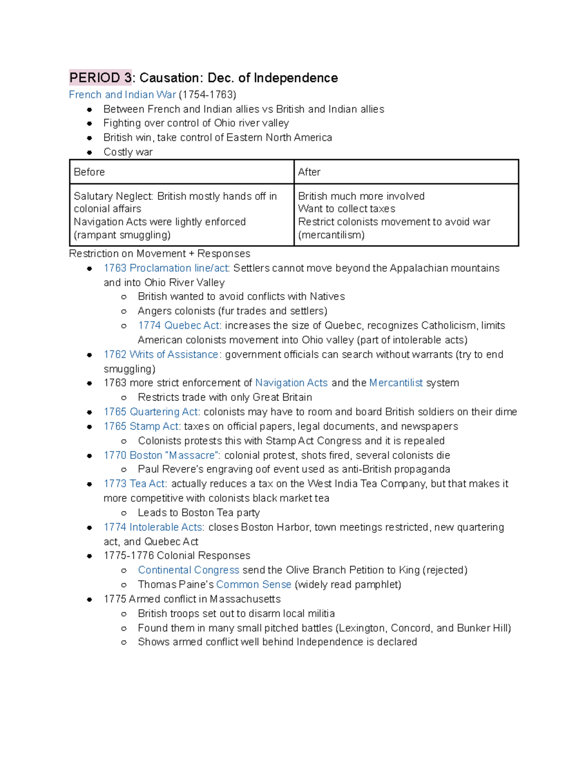 American history summaries - PERIOD 3: Causation: Dec. of Independence ...
