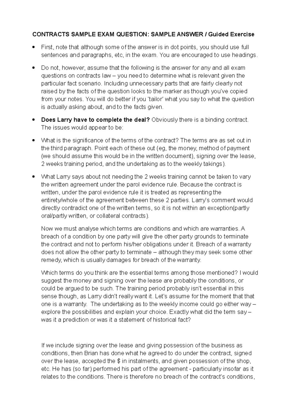 Sample/practice exam 2019, answers - CONTRACTS SAMPLE EXAM QUESTION ...