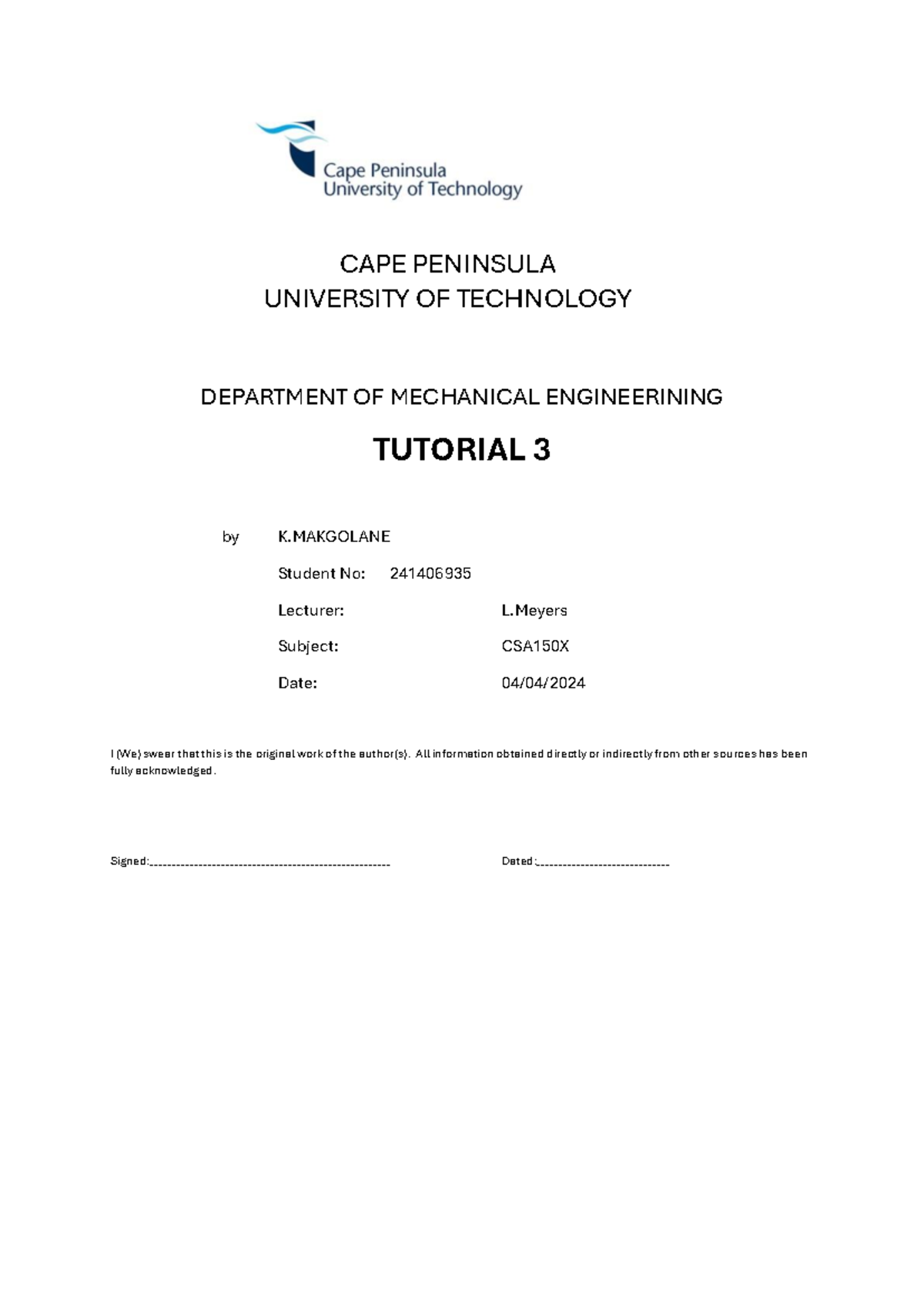 Tutorial 3 - CAPE PENINSULA UNIVERSITY OF TECHNOLOGY DEPARTMENT OF ...