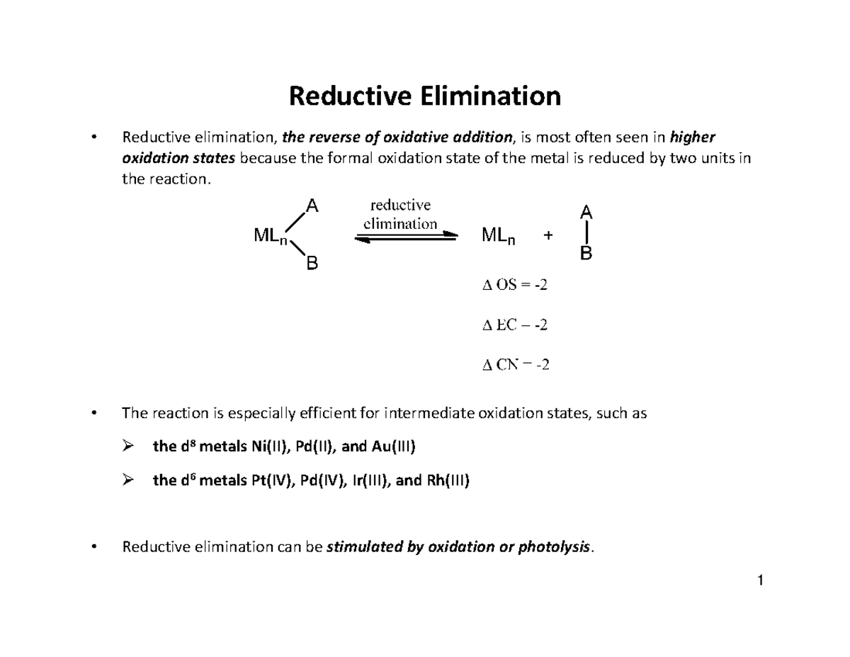 Reductive elimination - Reductive Elimination Reductive elimination ...
