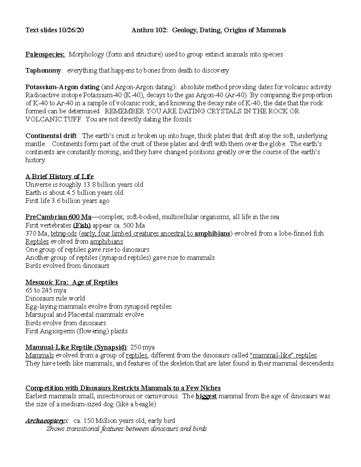 10-26 lecture - Professor Tom Plummer - Text slides 10/26/20 Anthro 102 ...